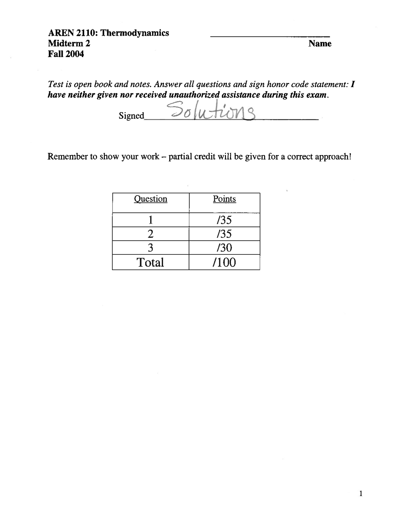 Practice Midterm Examination 1 With Solutions Thermodynamics Aren