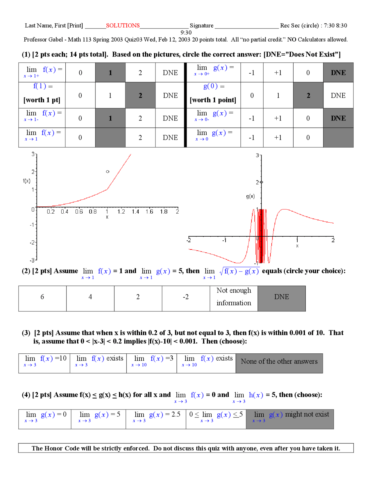 Solutions For Quiz 3 Analytic Geometry And Calculus I Math 113