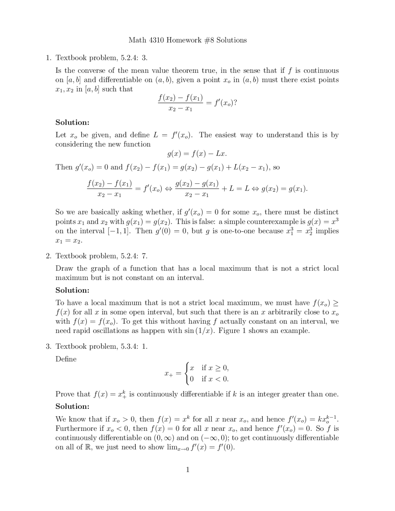 Homework 8 Solutions - Introduction to Analysis | MATH 4310 - Docsity