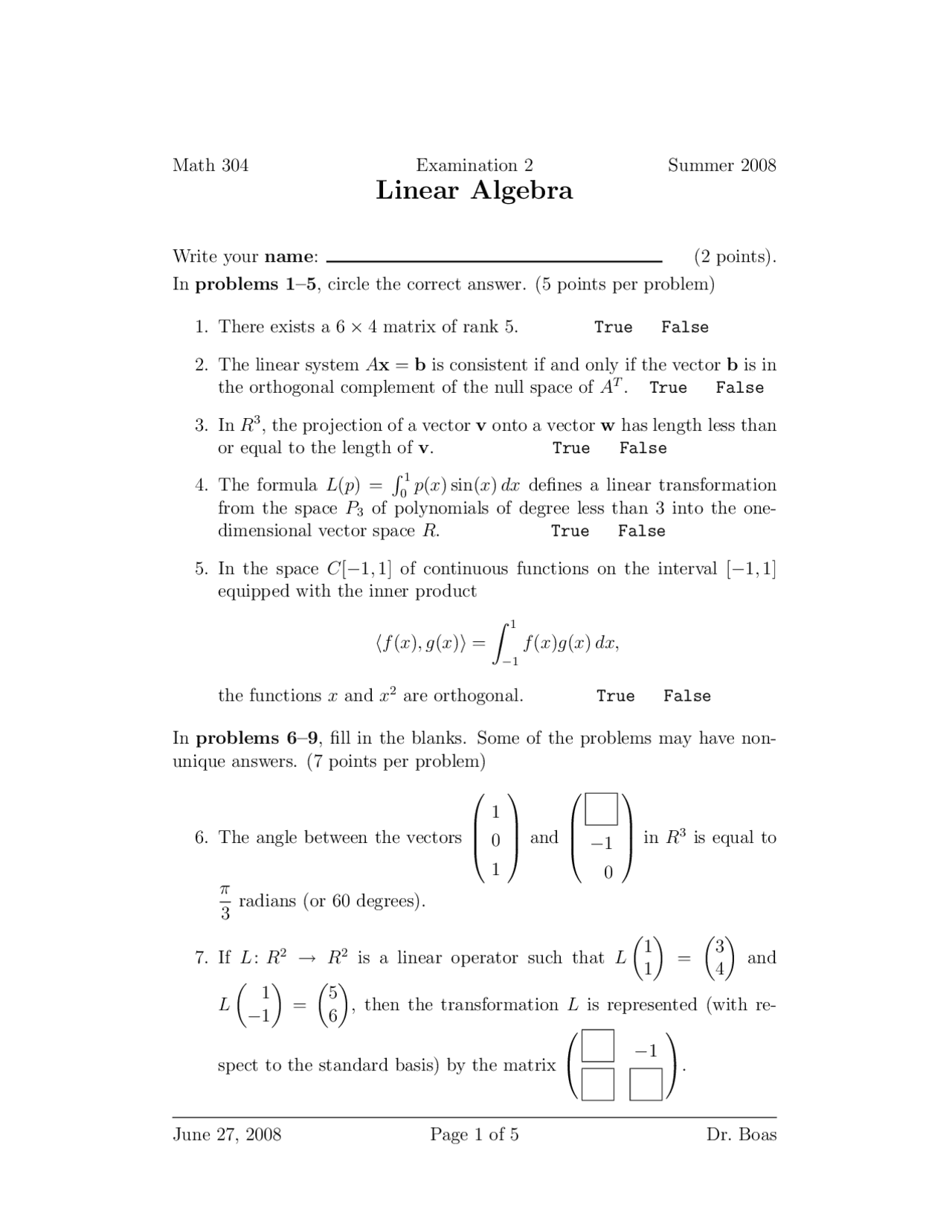 Solution For Exam 2 Problems Linear Algebra Math 304 Docsity