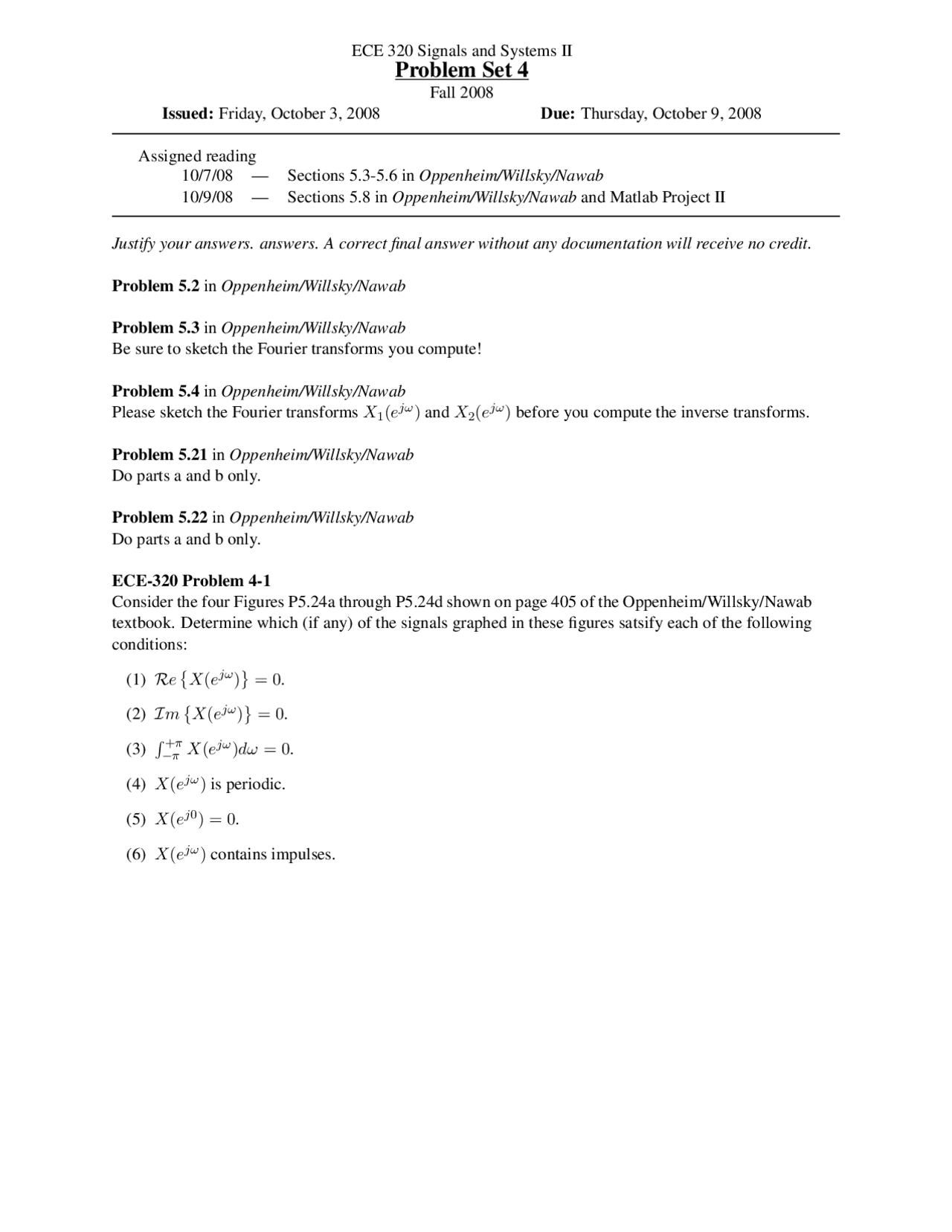 Problem Set 4 Signals And Systems Ii Ece 320 Docsity