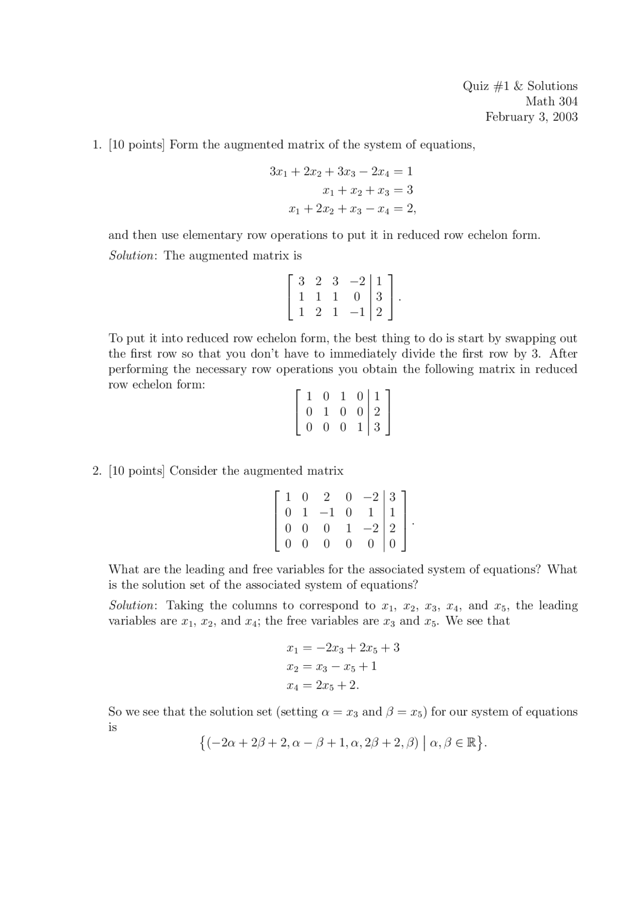 2 Questions with Answers - Quiz 1 - Notes on Linear Algebra | MATH 304 ...