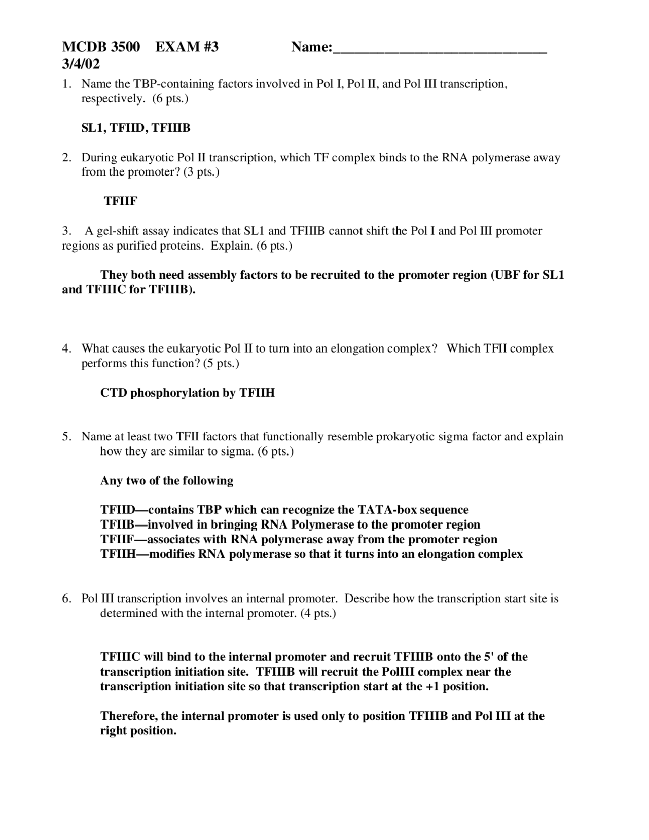 Practice Questions For Exam 3 Molecular Biology Mcdb 3500 Docsity