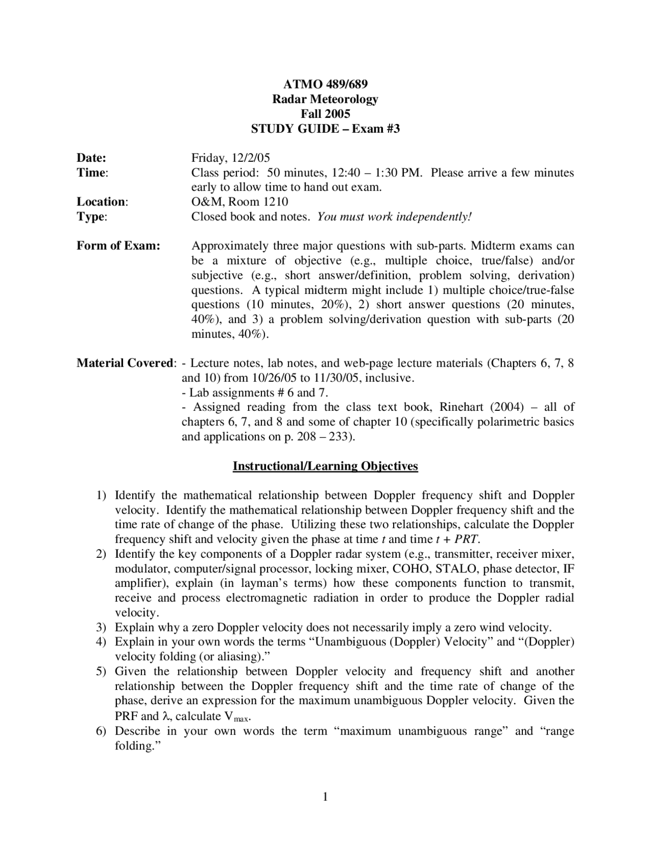 Questions Of Radar Meteorology Planetary Atmospheres Atmo 489 Docsity