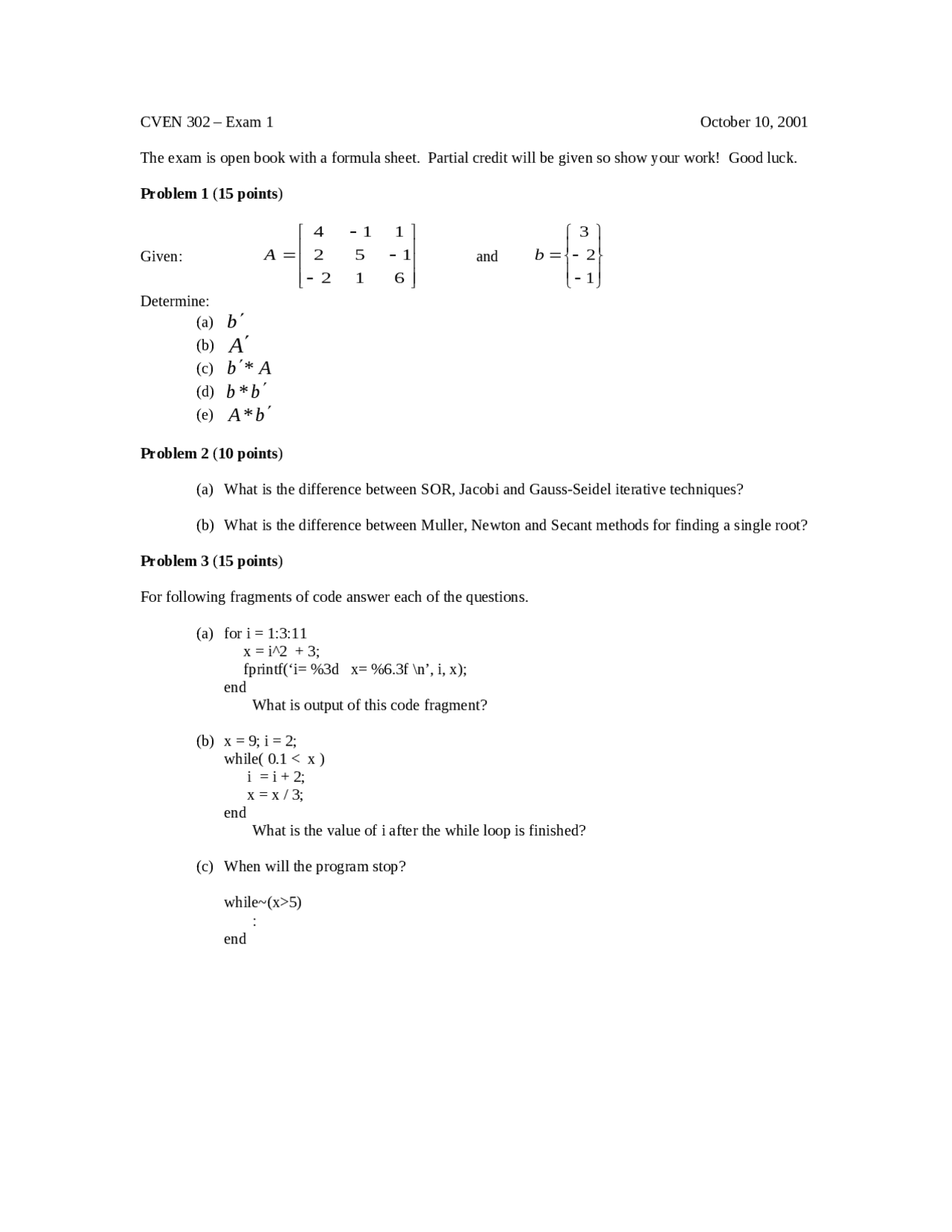 Exam 1 Questions Computer Applications In Engineering And