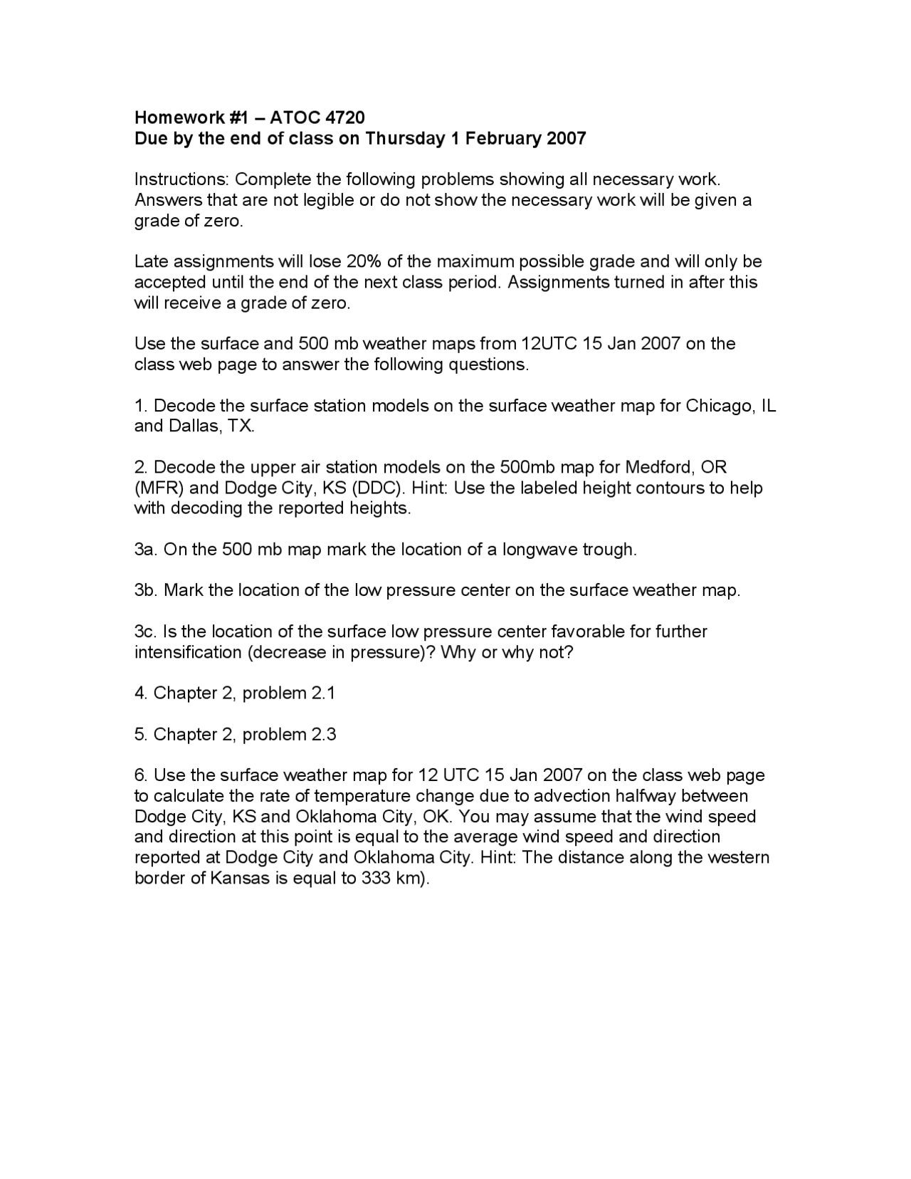 Homework 1 For Introduction To Atmospheric Physics And Dynamics Atoc