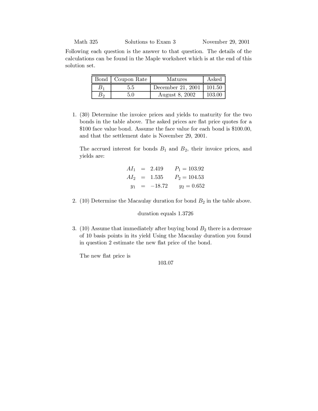 Solutions to Math 325 Exam 3: Bond Pricing and Duration - Prof. Daniel Lewis | Exams Mathematics ...