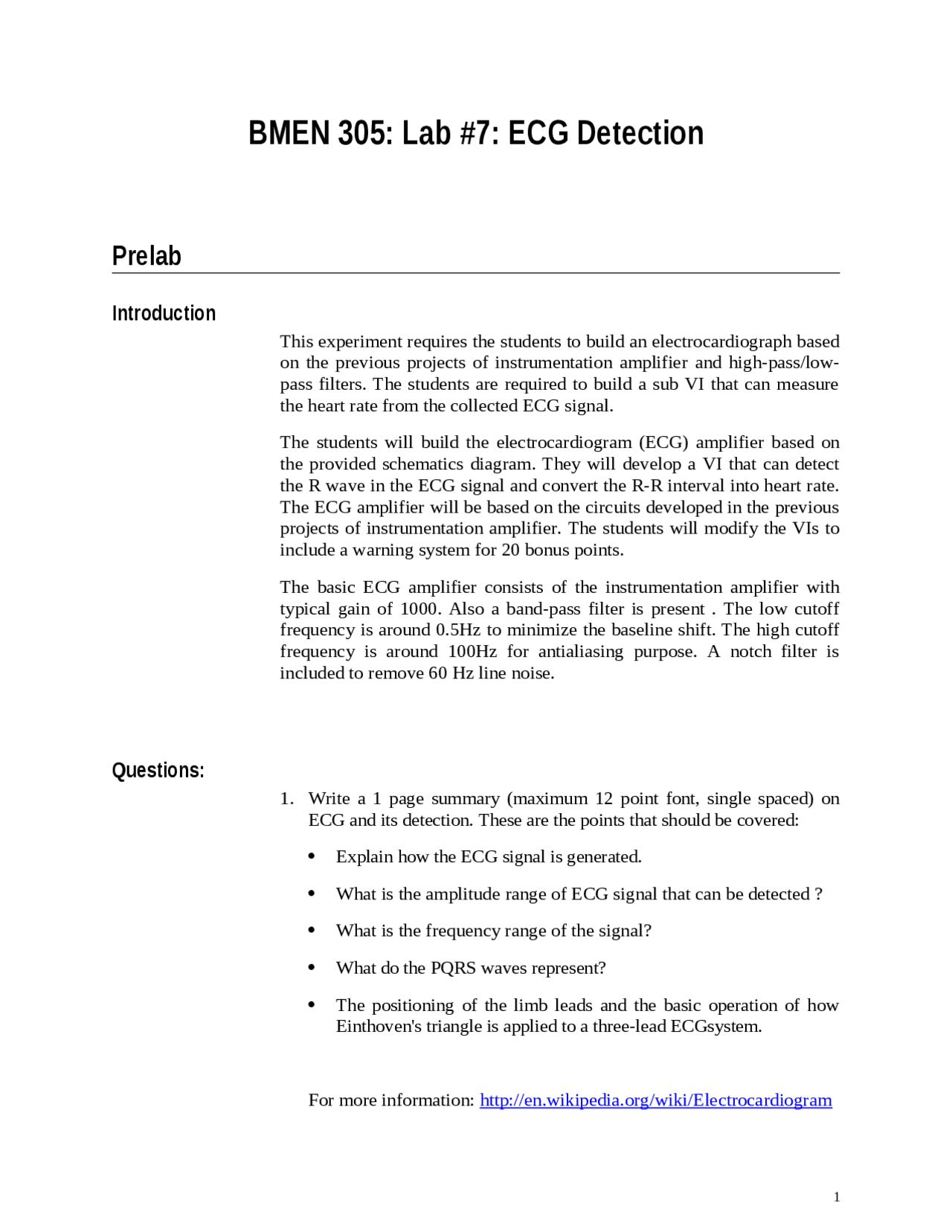 ECG Detection - Lab 7 - Bioinstrumentation | BMEN 305 | Lab Reports ...