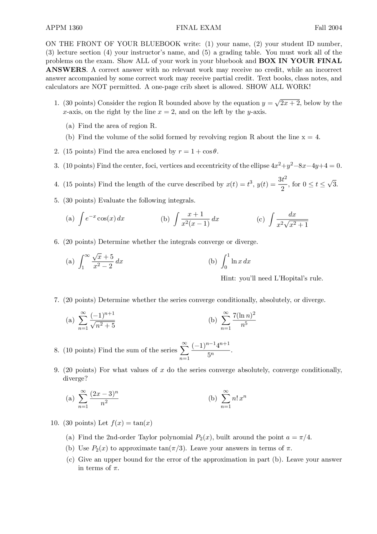 Calculus 2 For Engineers Final Test Questions Appm 1360 Docsity