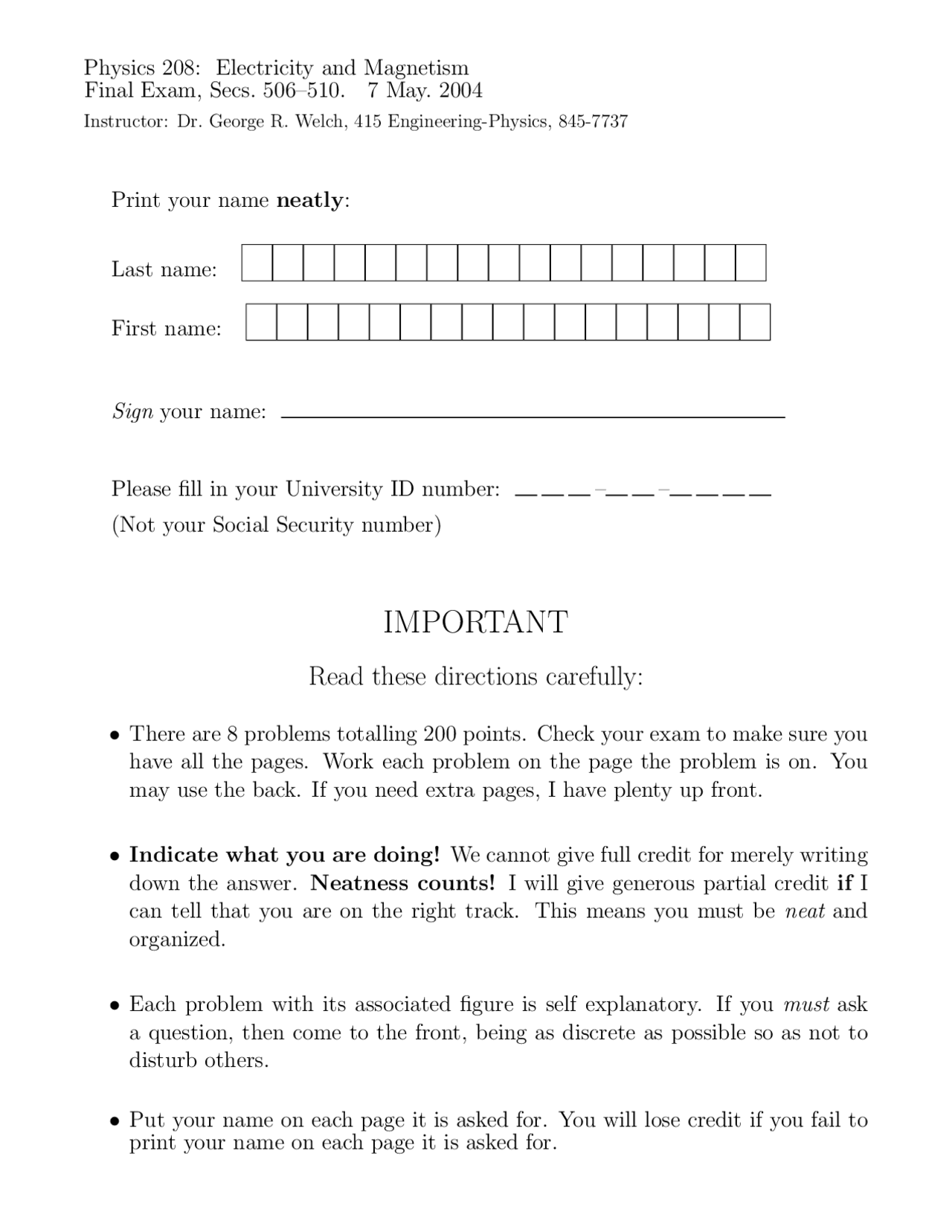 Electricity and Magnetism - Final Exam | PHYS 208 | Exams Optics | Docsity
