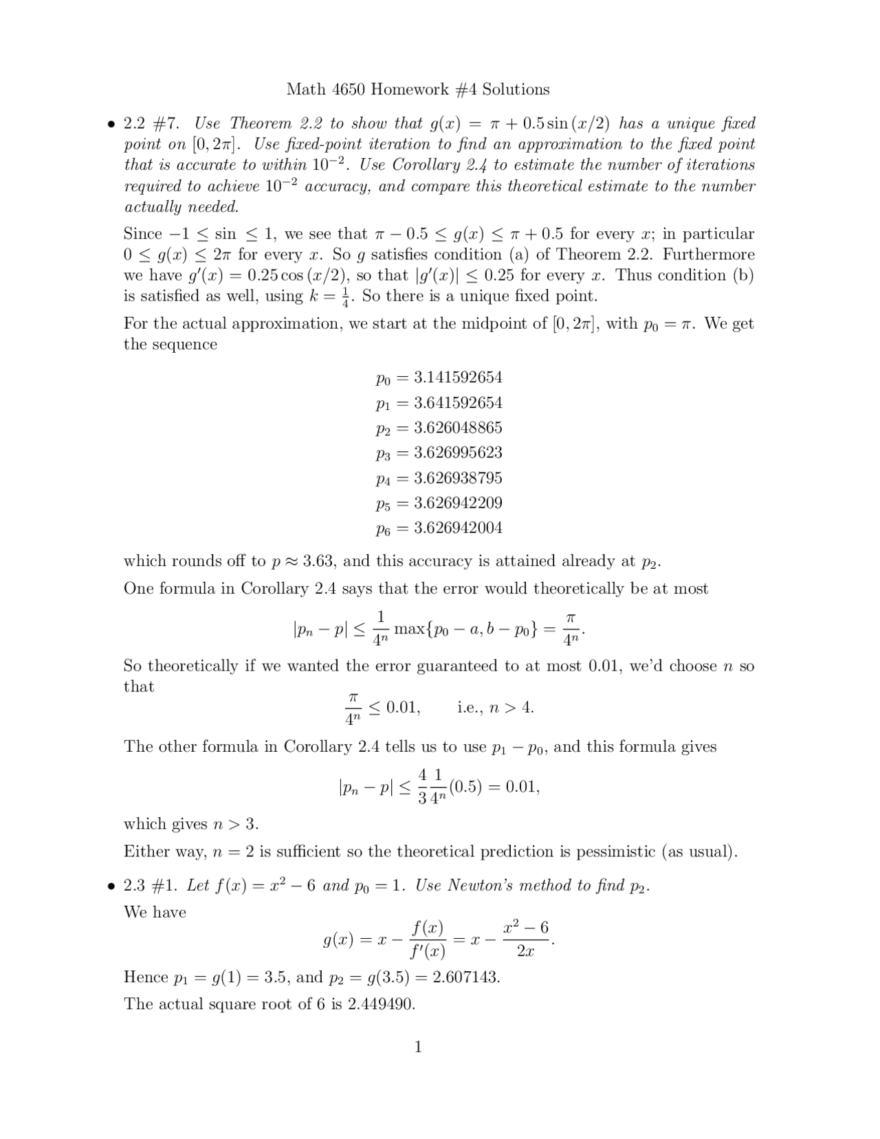 Homework 4 Solutions Intermediate Numerical Analysis 1 Math 4650