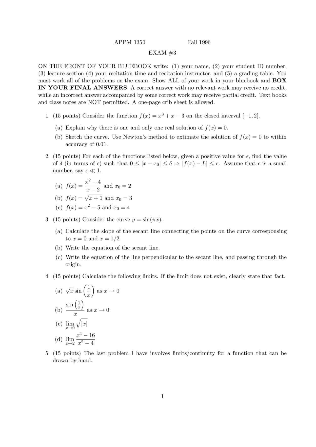 5 Problems On Calculus I For Engineers Old Exam 3 Appm 1350 Docsity