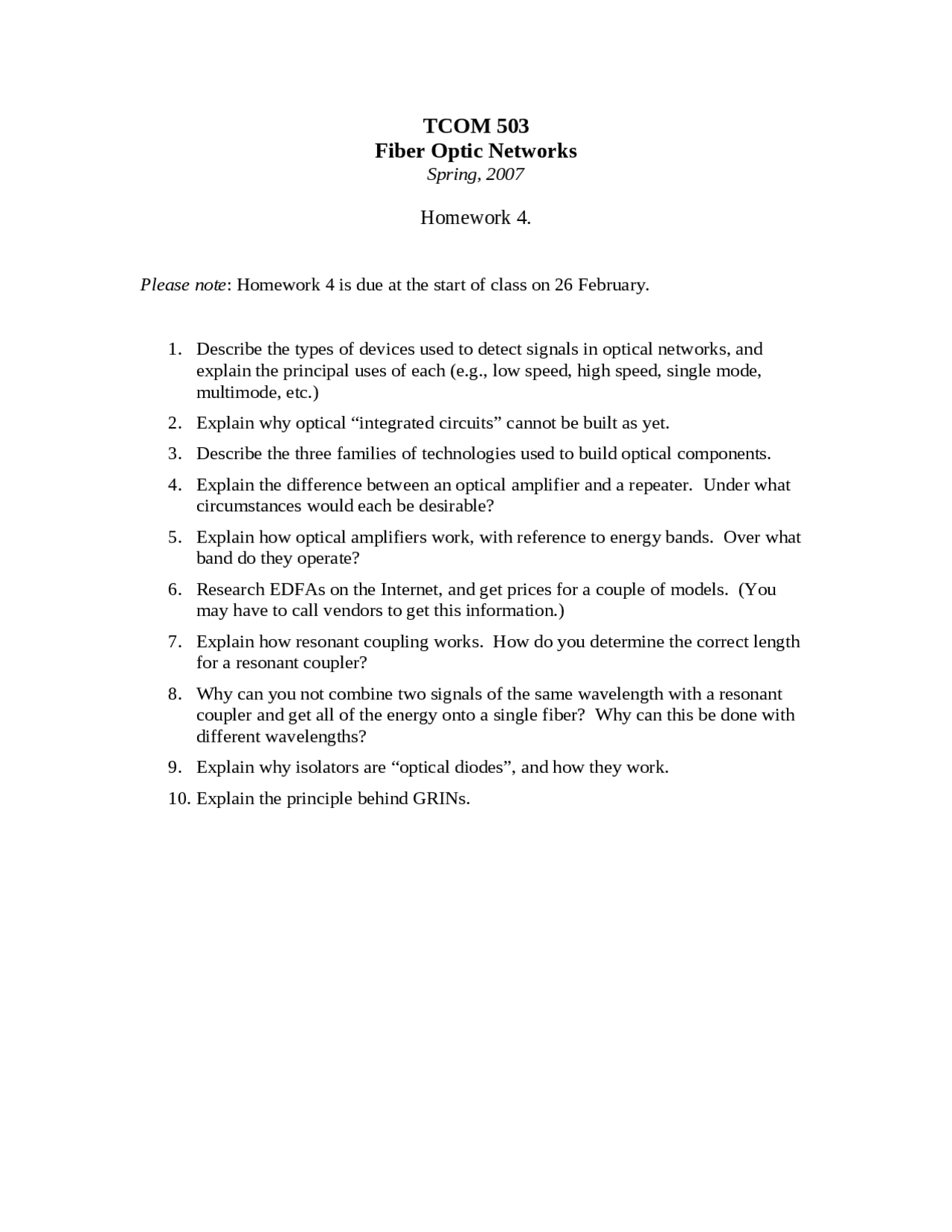 Fiber Optic Networks Homework 4 Introduction To Optical