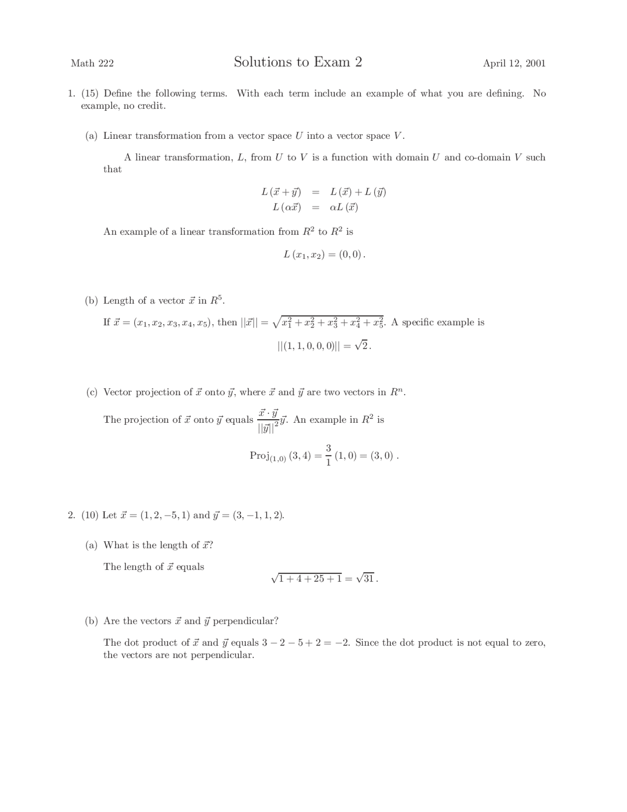 Solutions For Exam Linear Algebra Math 222 Docsity