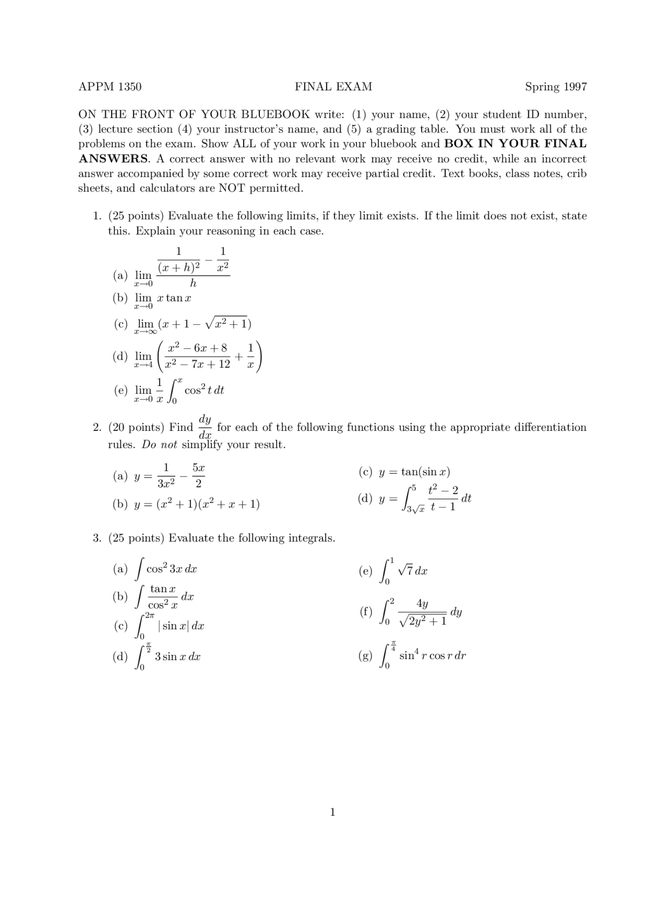 Old Final Exam Questions Calculus 1 For Engineering Appm 1350 Docsity
