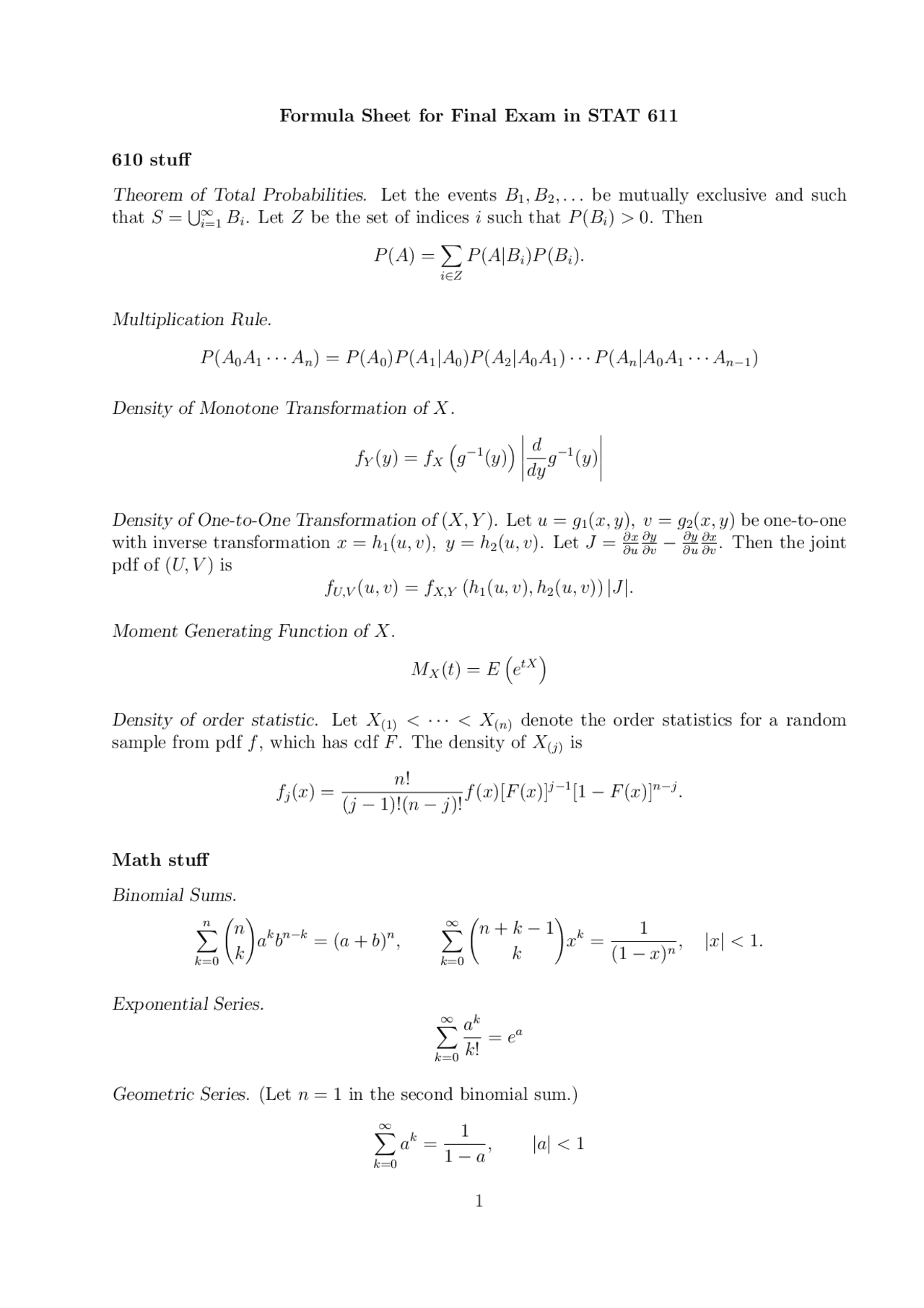 Formula Sheet For Final Theory Of Inference Stat 611 Docsity