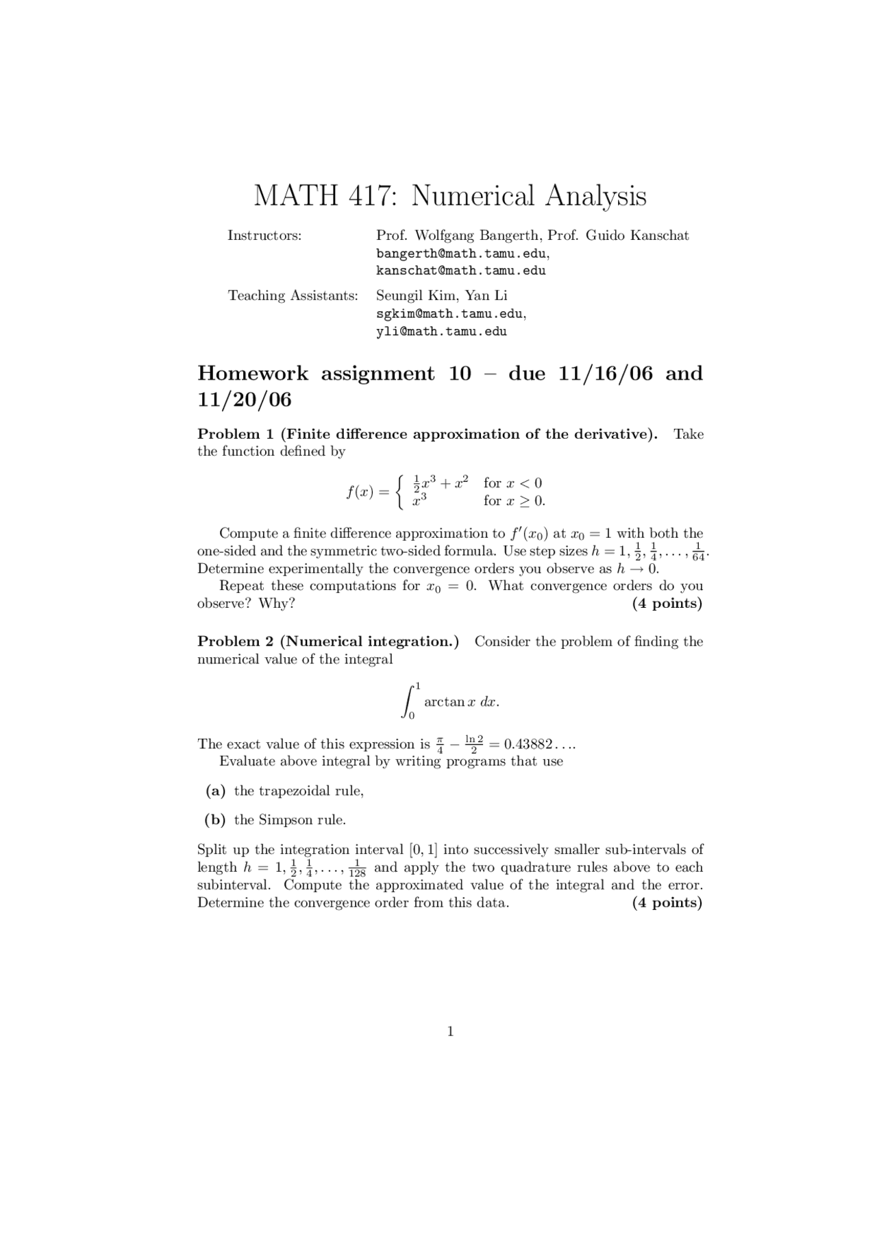 Homework 10 for Numerical Methods | MATH 417 - Docsity