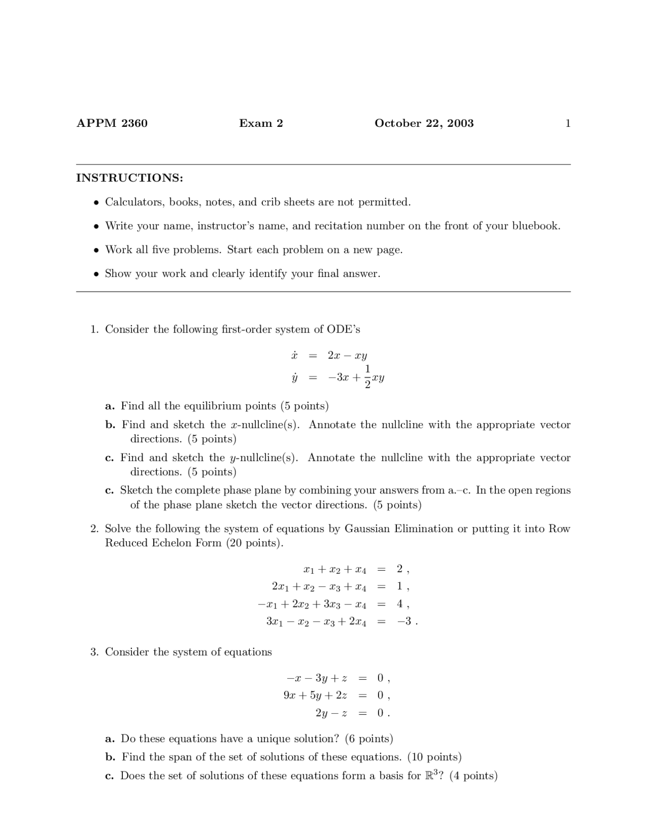 Exam 2 Introduction To Differential Equations With Linear Algebra