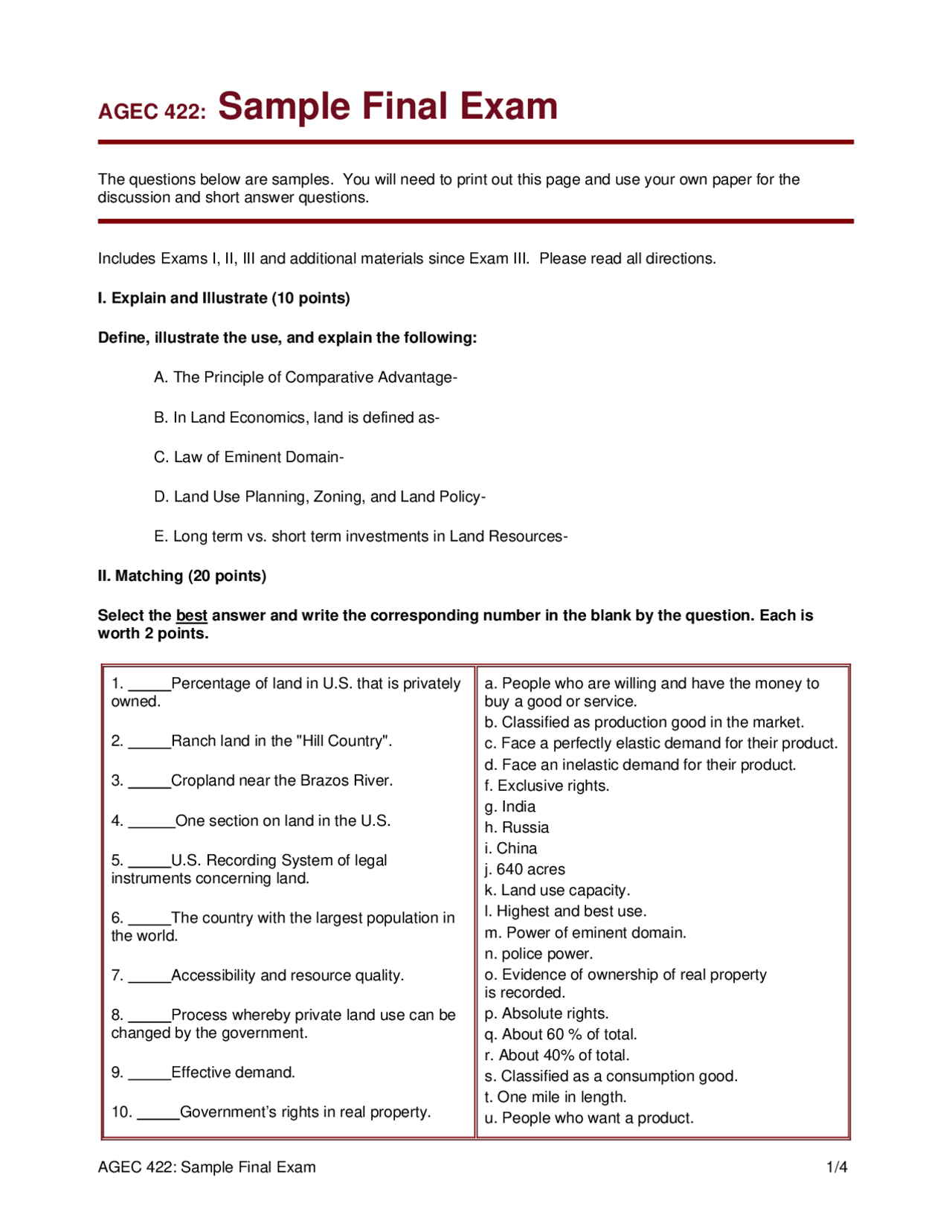 Sample Final Exam Explain And Illustrate 10 Points Land Economics