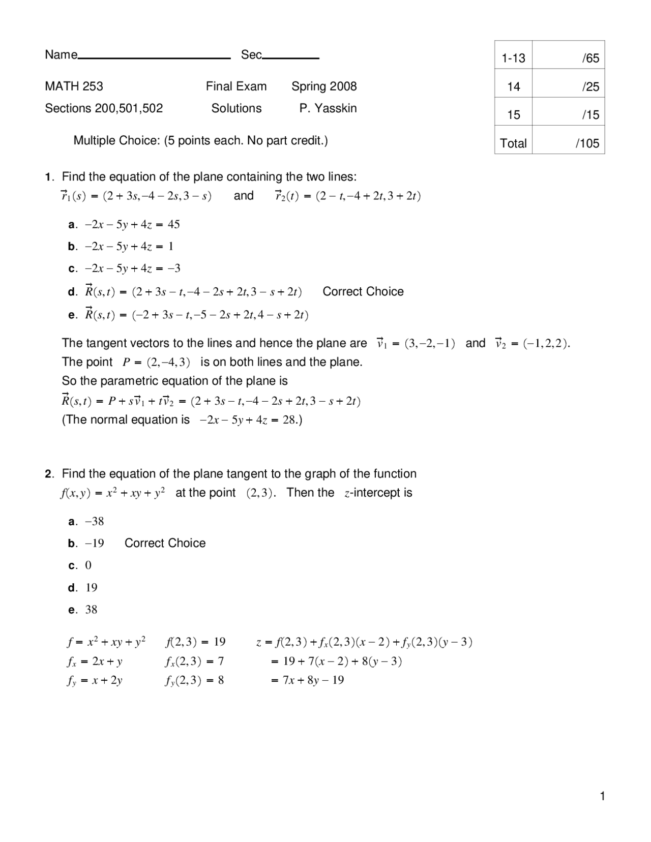 Final Exam Solutions Engineering Mathematics Iii Math 253 Docsity