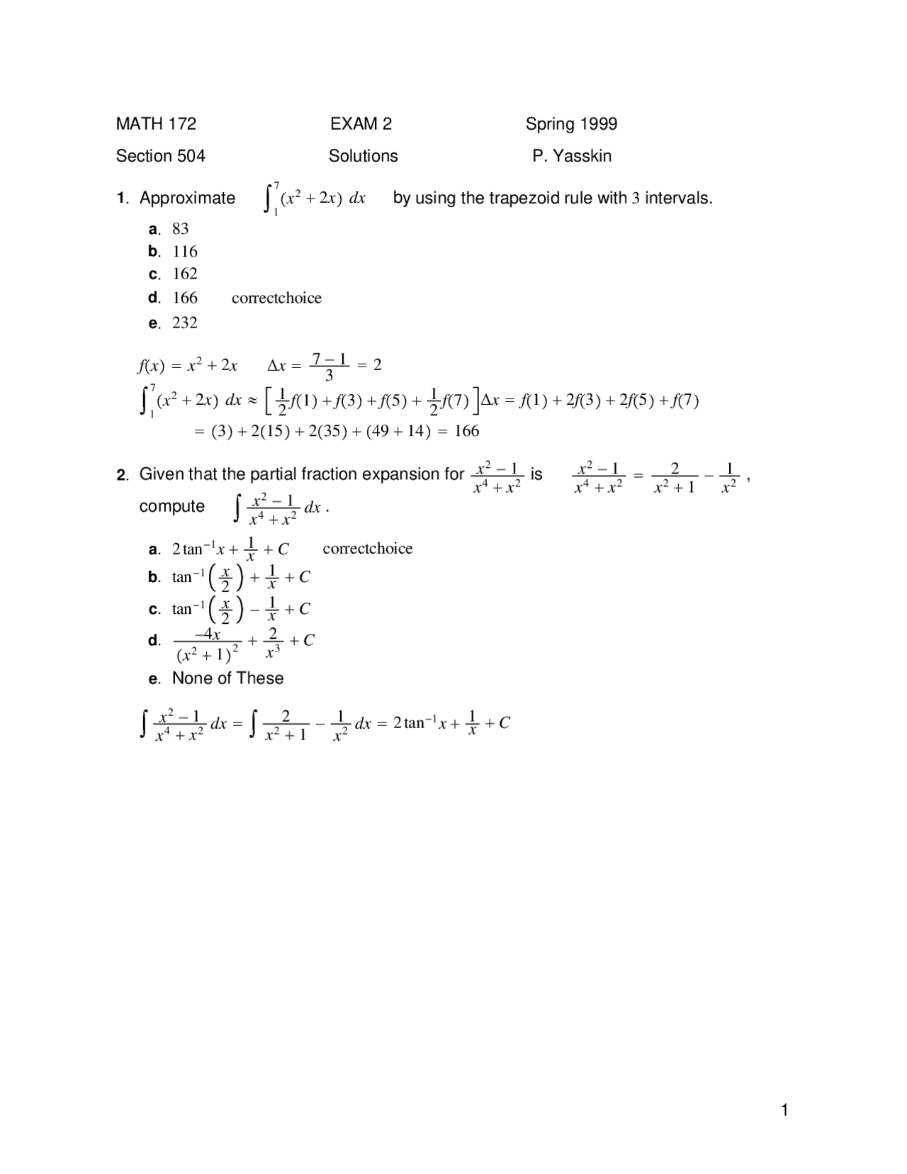 14 Questions with Solutions in Calculus - Exam 2 | MATH 172 - Docsity