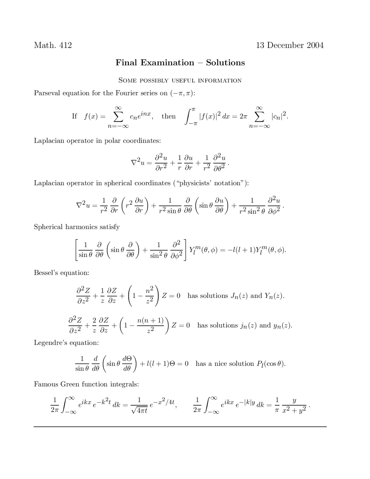 5 Questions with Solution of Laplace Equation - Final Exam | MATH 412 - Docsity