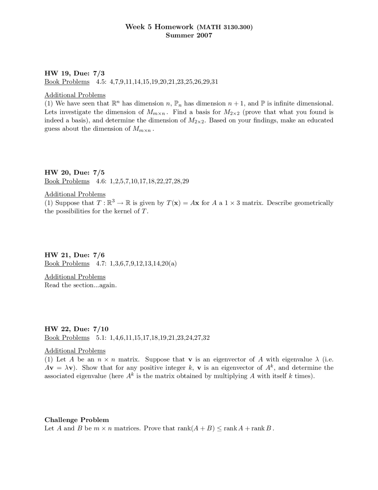 Homework Problems Introduction To Linear Algebra Math 3130 Docsity