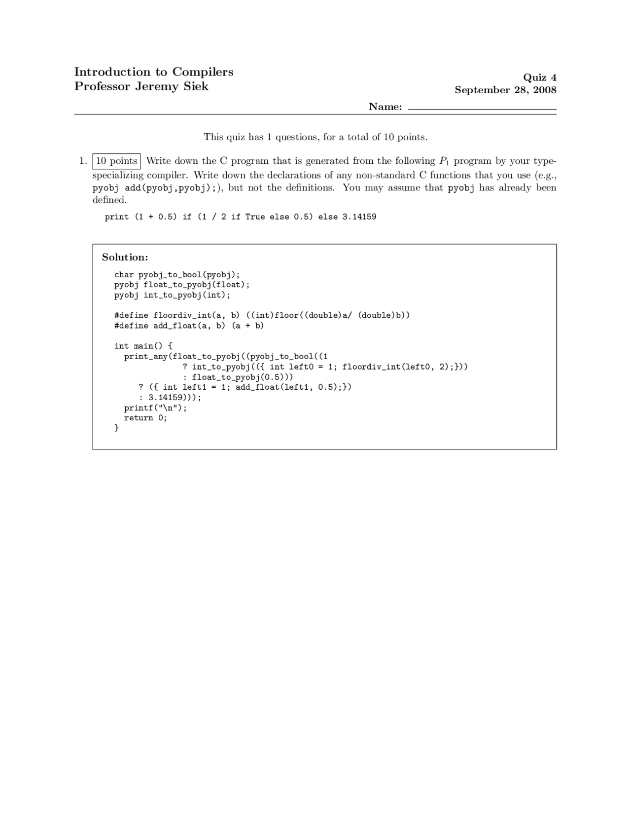 Quiz 4 Solution For Compiler Construction Fall 2008 Ecen 4553 Docsity