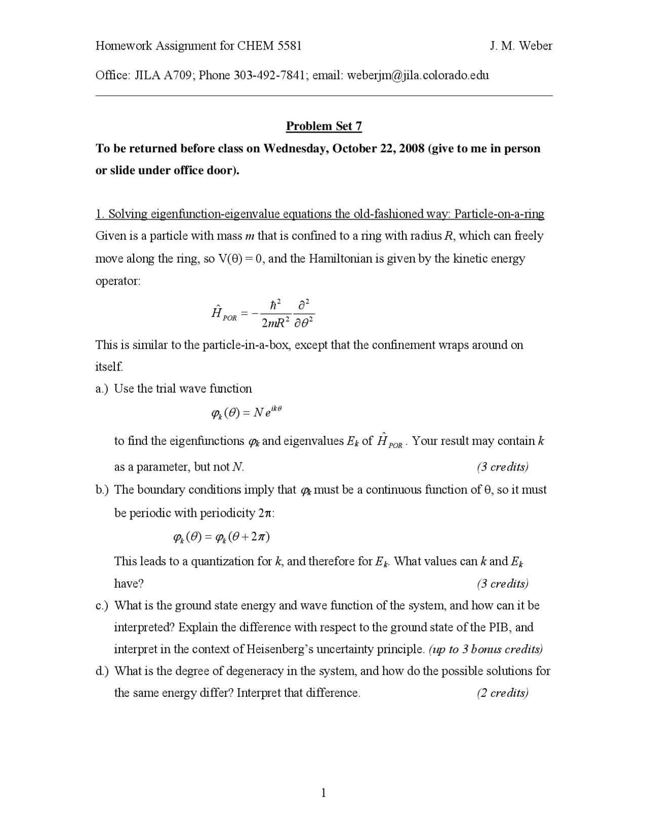Problem Set 7 Introductory Quantum Chemistry Chem 5581 Docsity