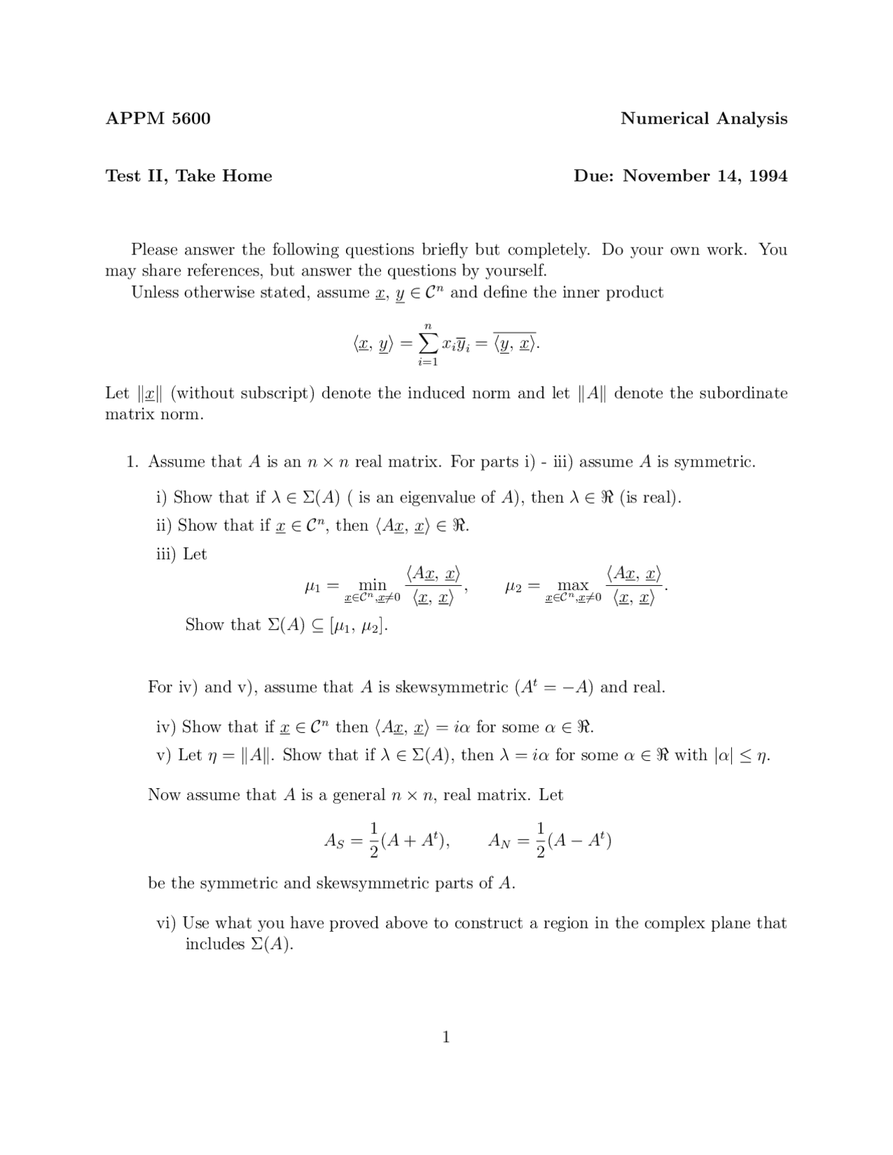 Take Home Test Ii Numerical Analysis 1 Fall 1994 Appm 5600 Docsity