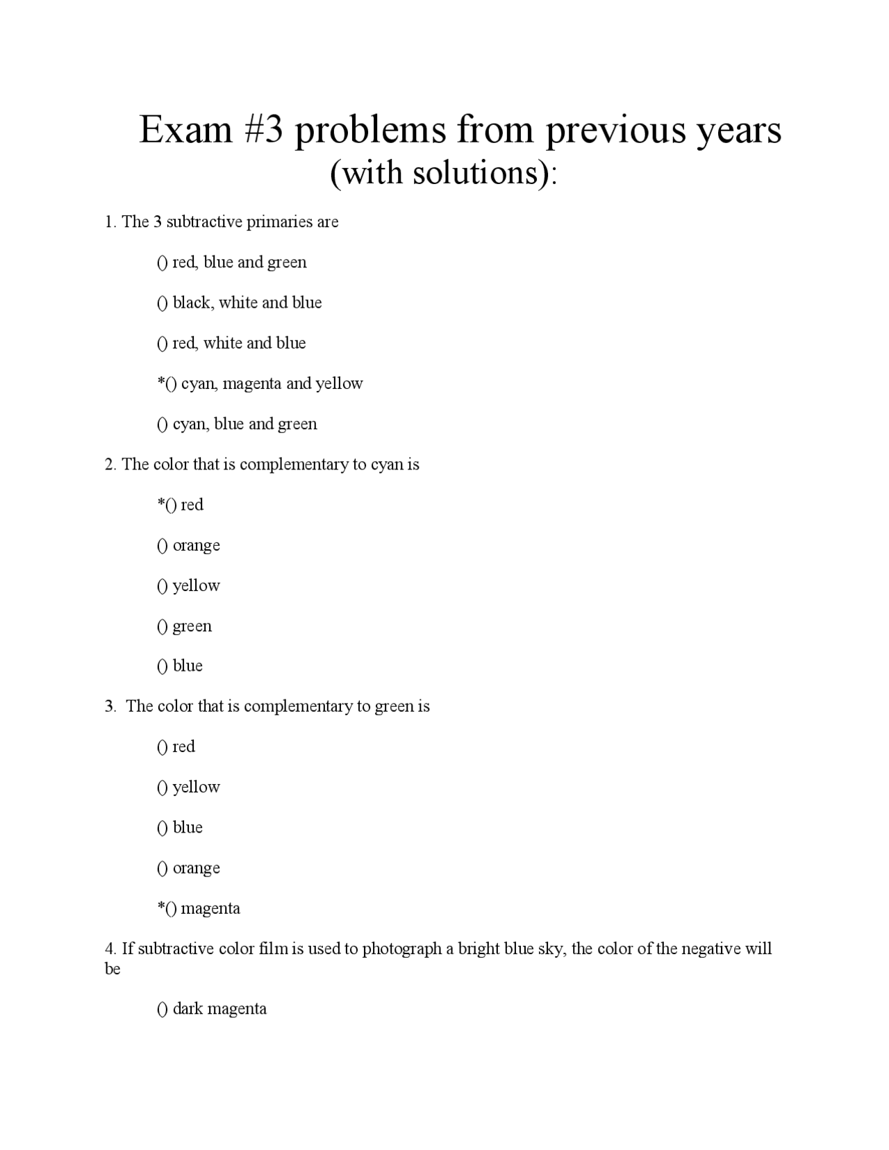 Exam 3 Problems Light And Color For Nonscientists Phys 1230 Docsity
