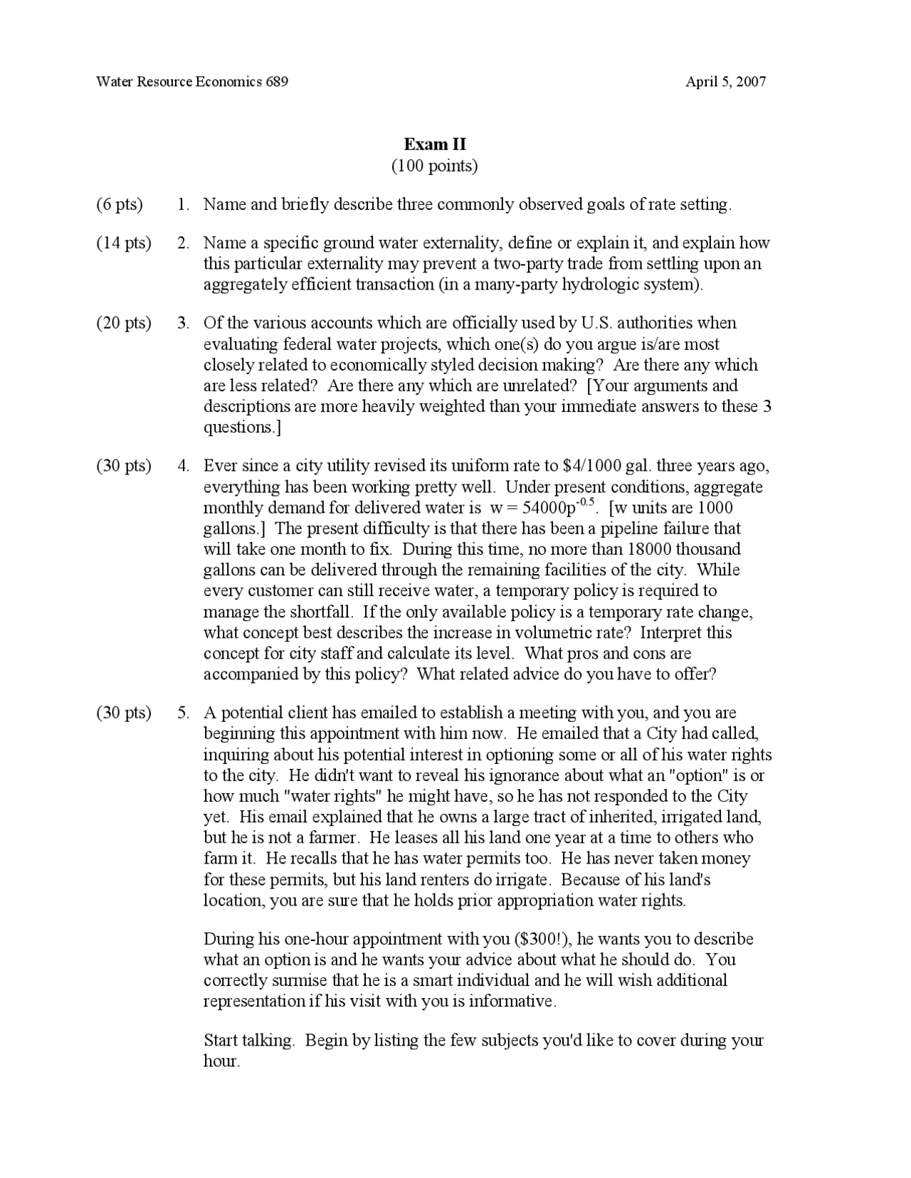 Exam 2 With 5 Questions Water Resource Economics Agec 606 Docsity