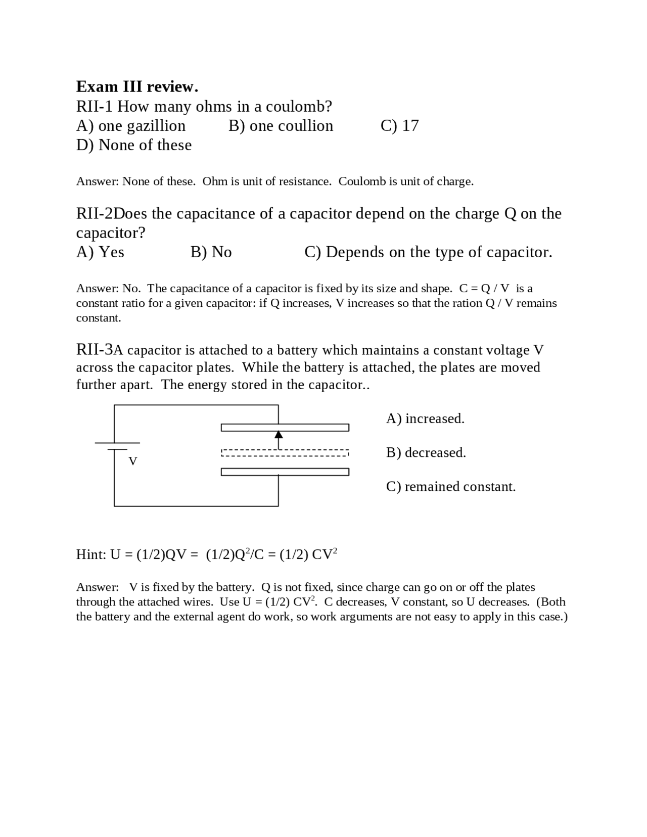 Exam Iii Review Questions With Answers For General Physics Ii Phys