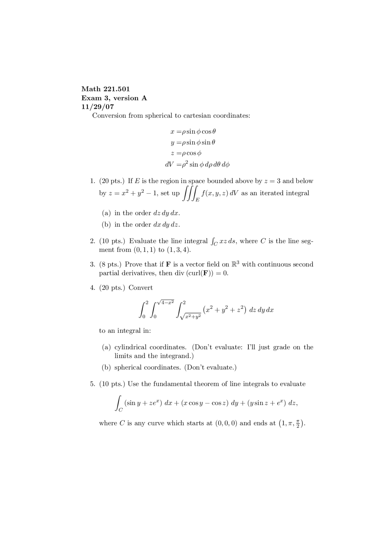 6 Questions Of Several Variable Calculus Exam 3 Math 221 Docsity