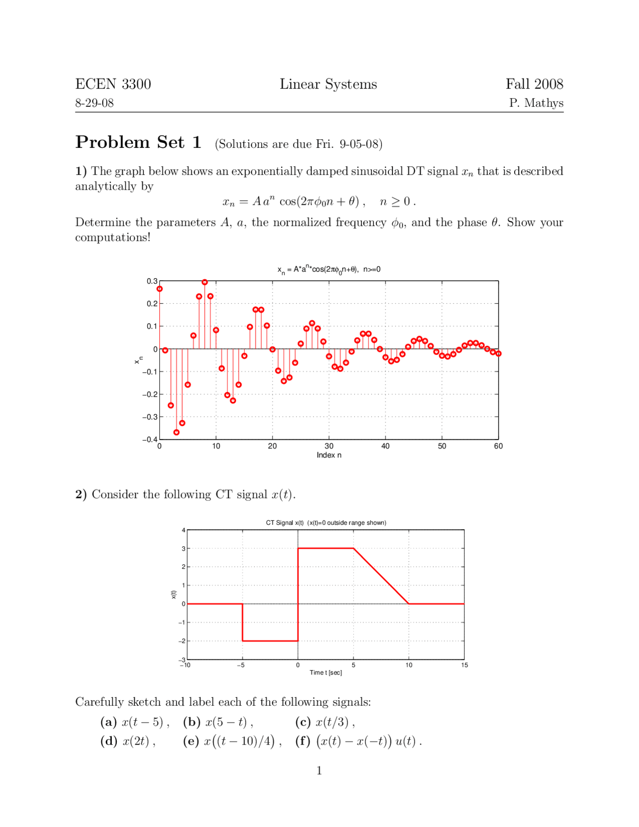 Problem Set 1 For Linear Systems Ecen 3300 Docsity