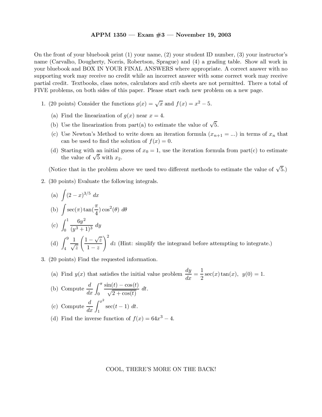 5 Questions On Calculus 1 For Engineers Exam 3 Appm 1350 Docsity
