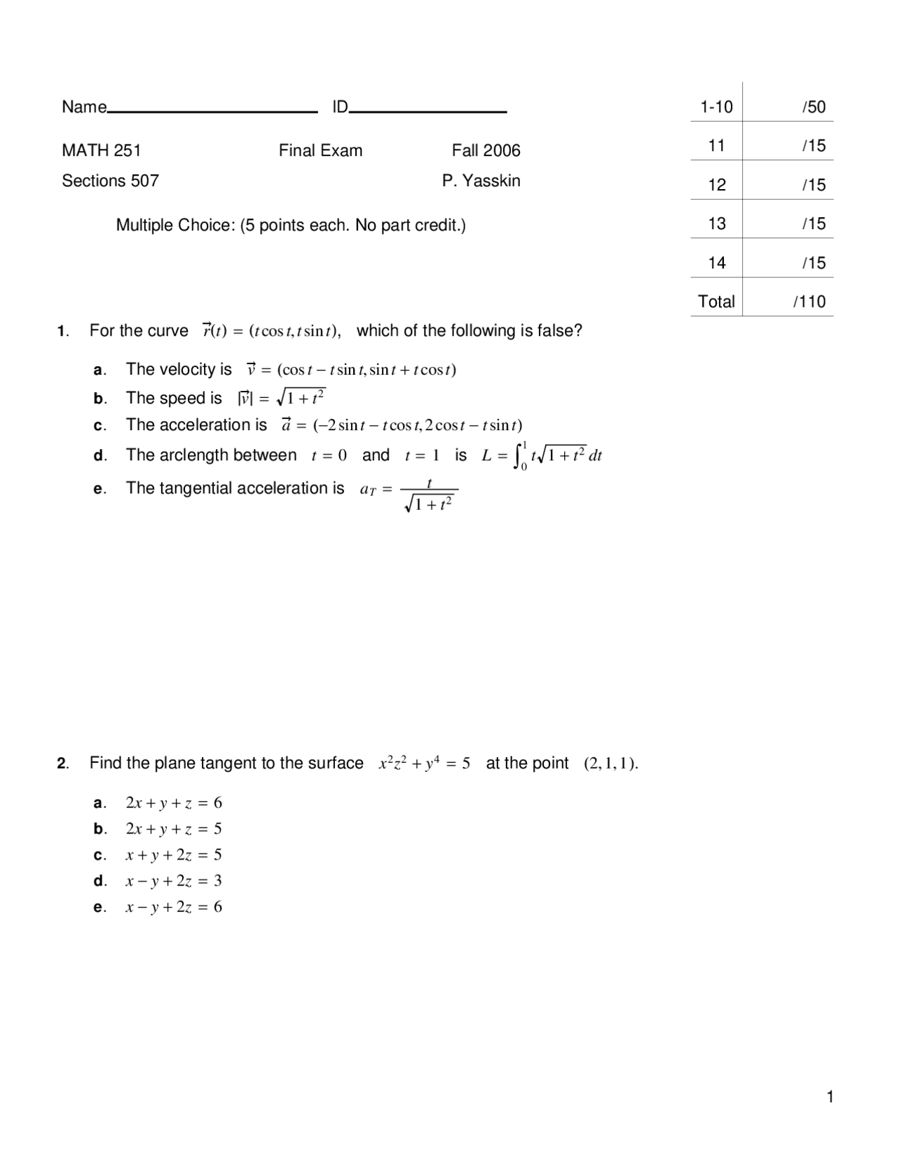 14 Multiple Choice Questions Of Engineering Math Lll Final Exam