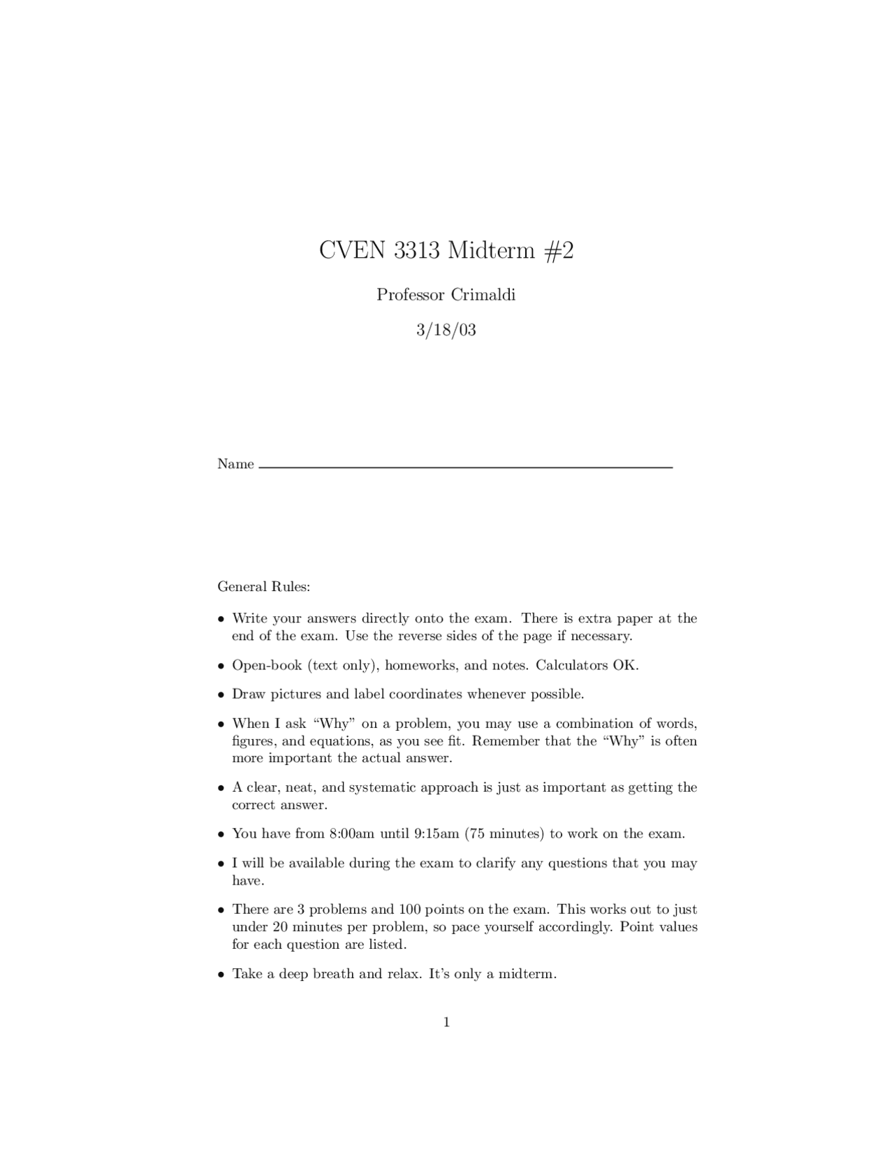 Theoretical Fluid Mechanics - Midterm Exam 2 | CVEN 3313 - Docsity