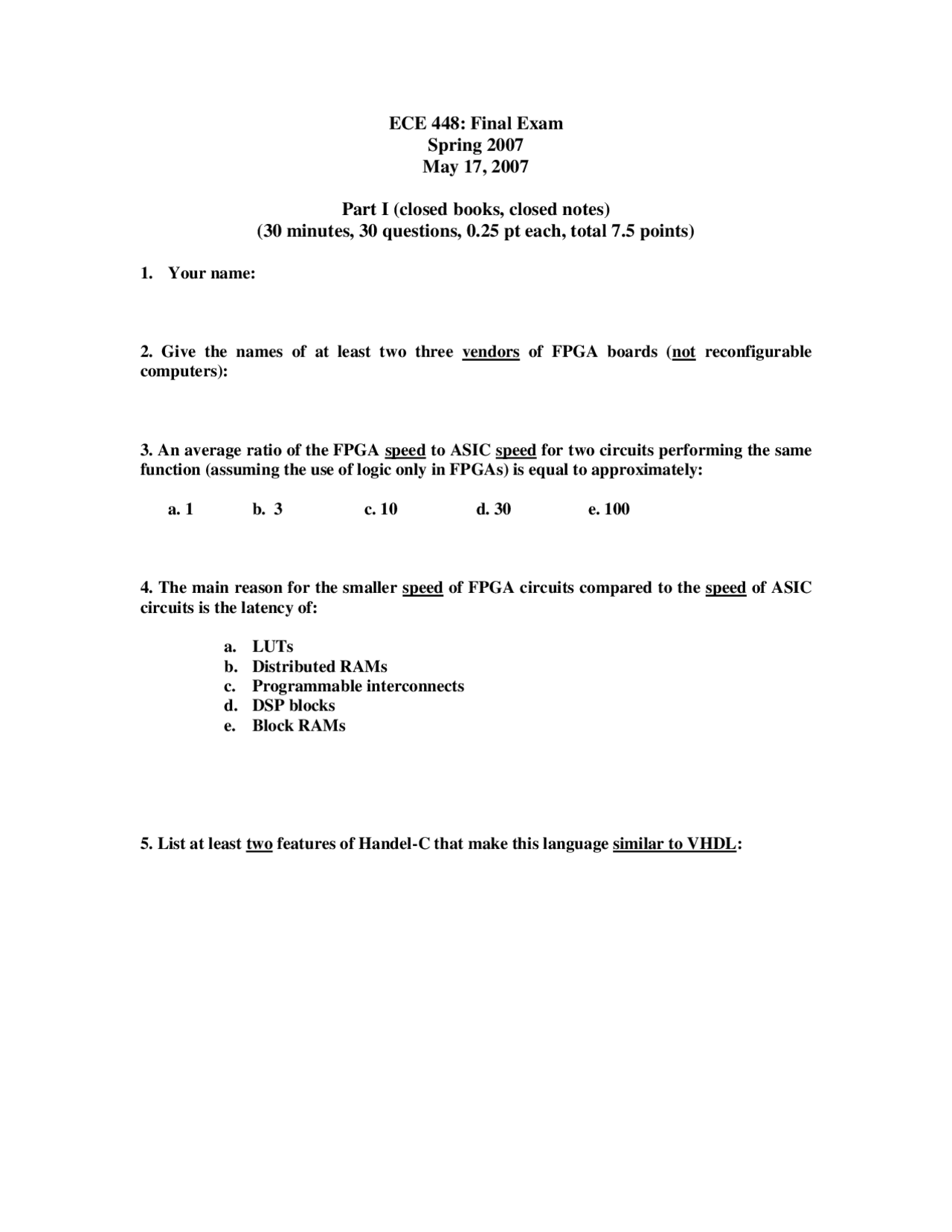 30 Problems For Final Exam Fpga And Asic Design With Vhdl Ece 448