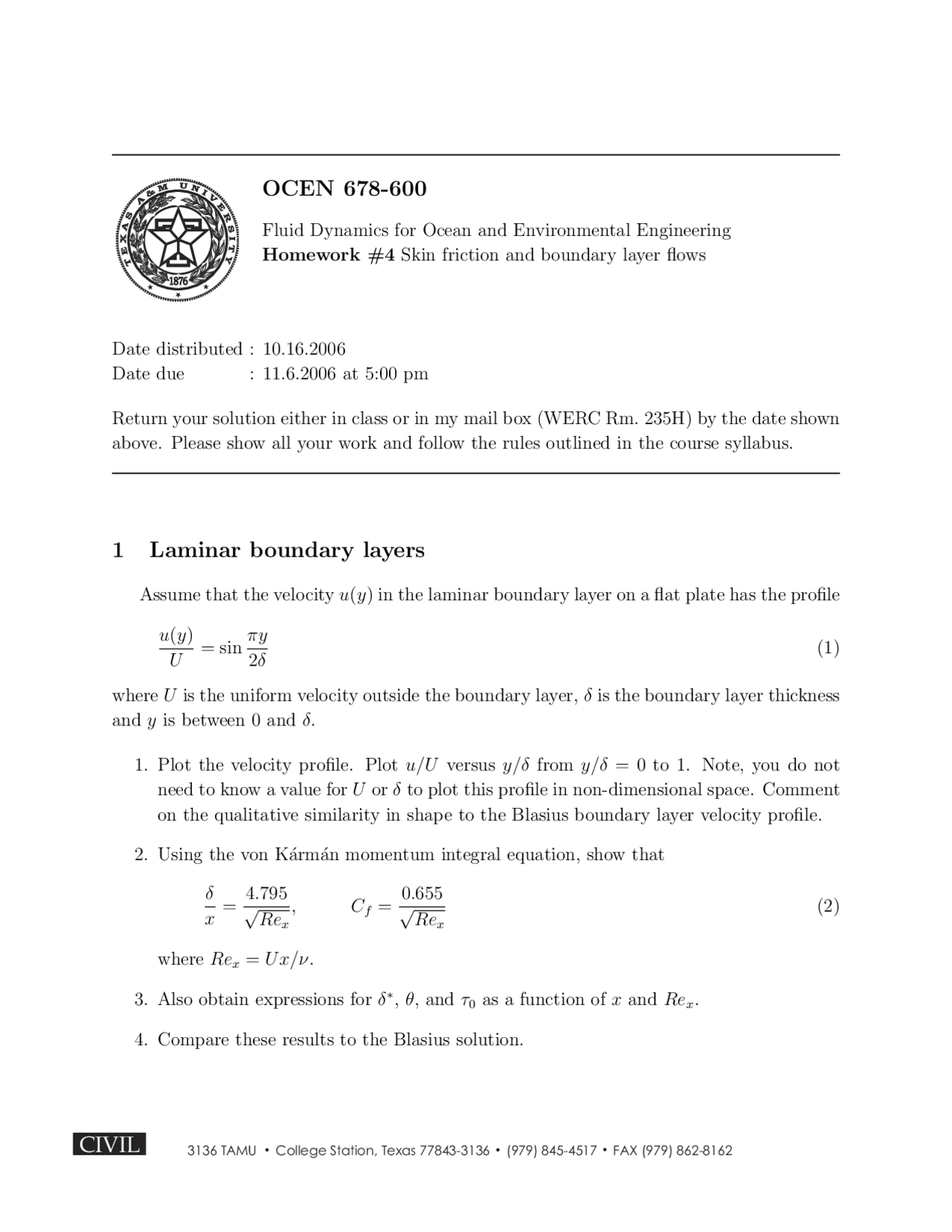 Homework Iv For Skin Friction And Boundary Layer Flows Ocen 678 Docsity