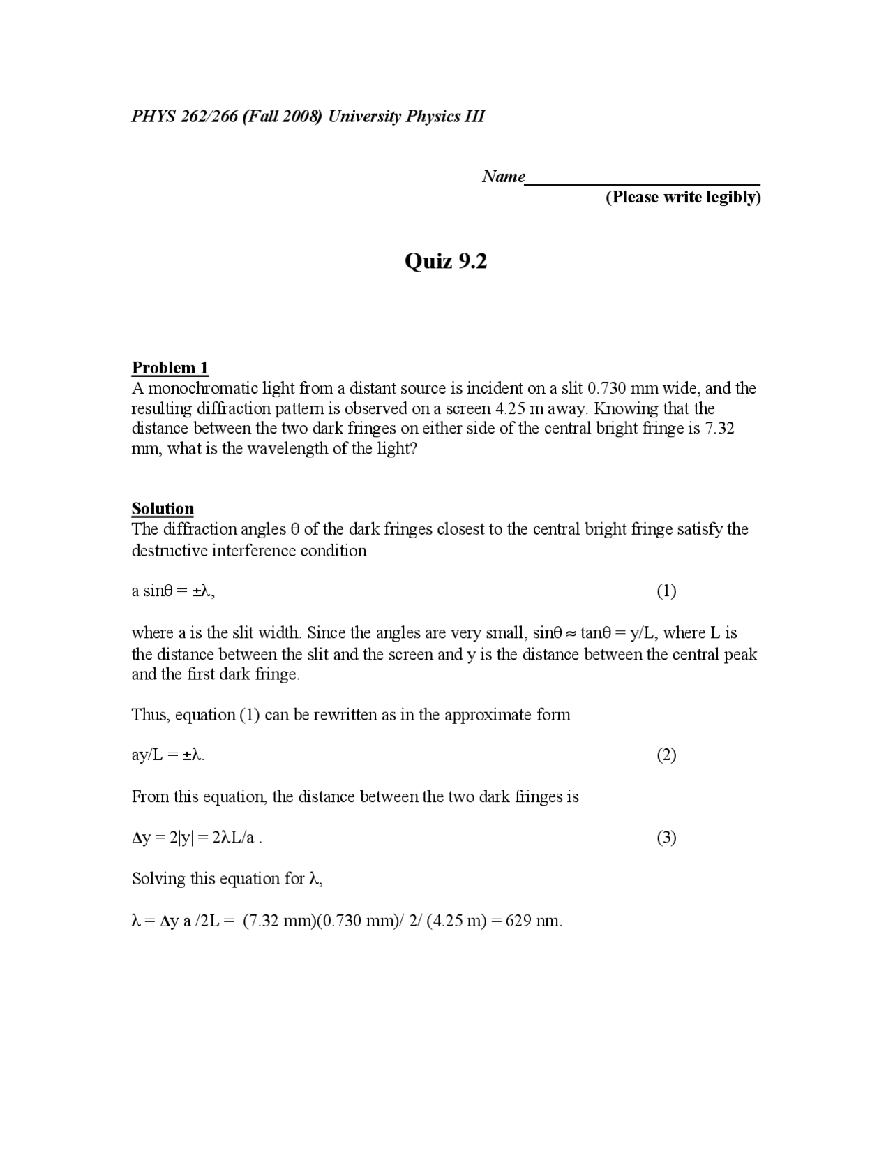 Quiz Problem With Solution Find The Wavelength Of Light Phys 262