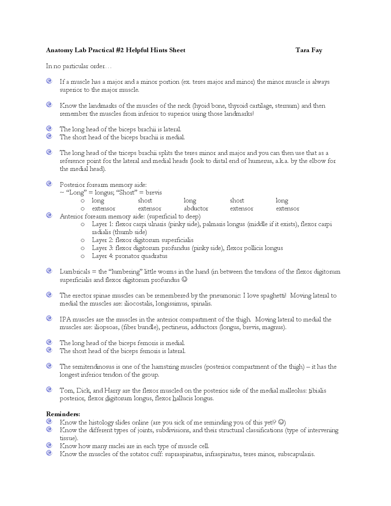 Anatomy Lab Practical 2 Helpful Hints Sheet Iphy 3415 Docsity