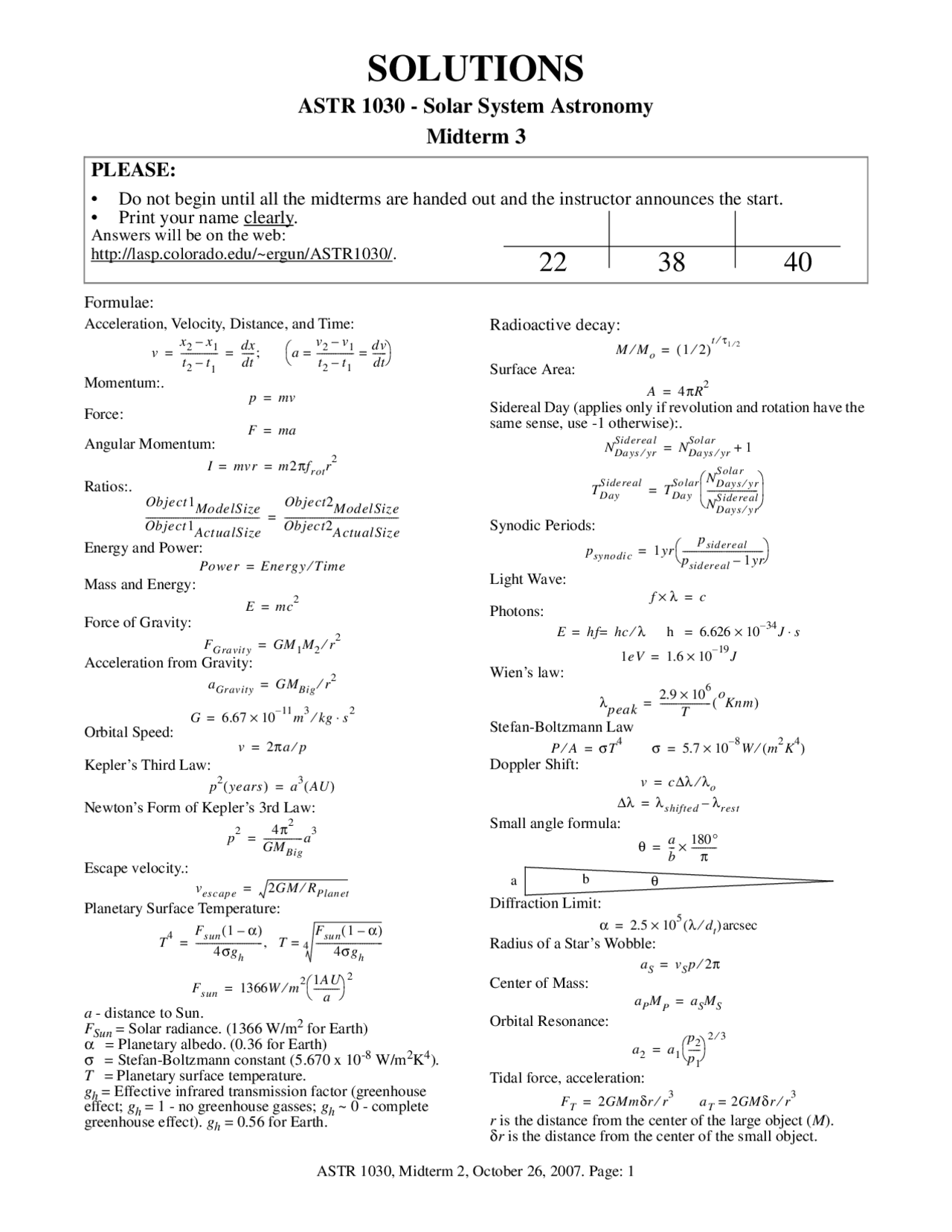 Solar System Astronomy Solutions To Midterm Exam 3 Astr 1030 Docsity
