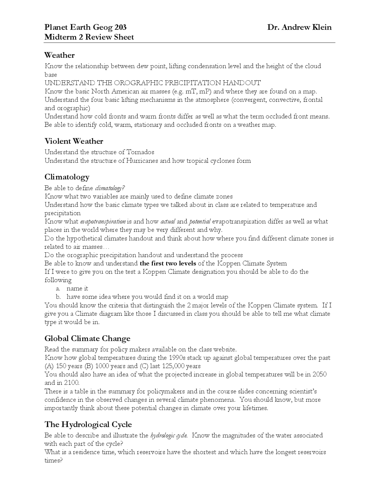 Midterm Review Sheet Planet Earth Geography Geog 203 Docsity