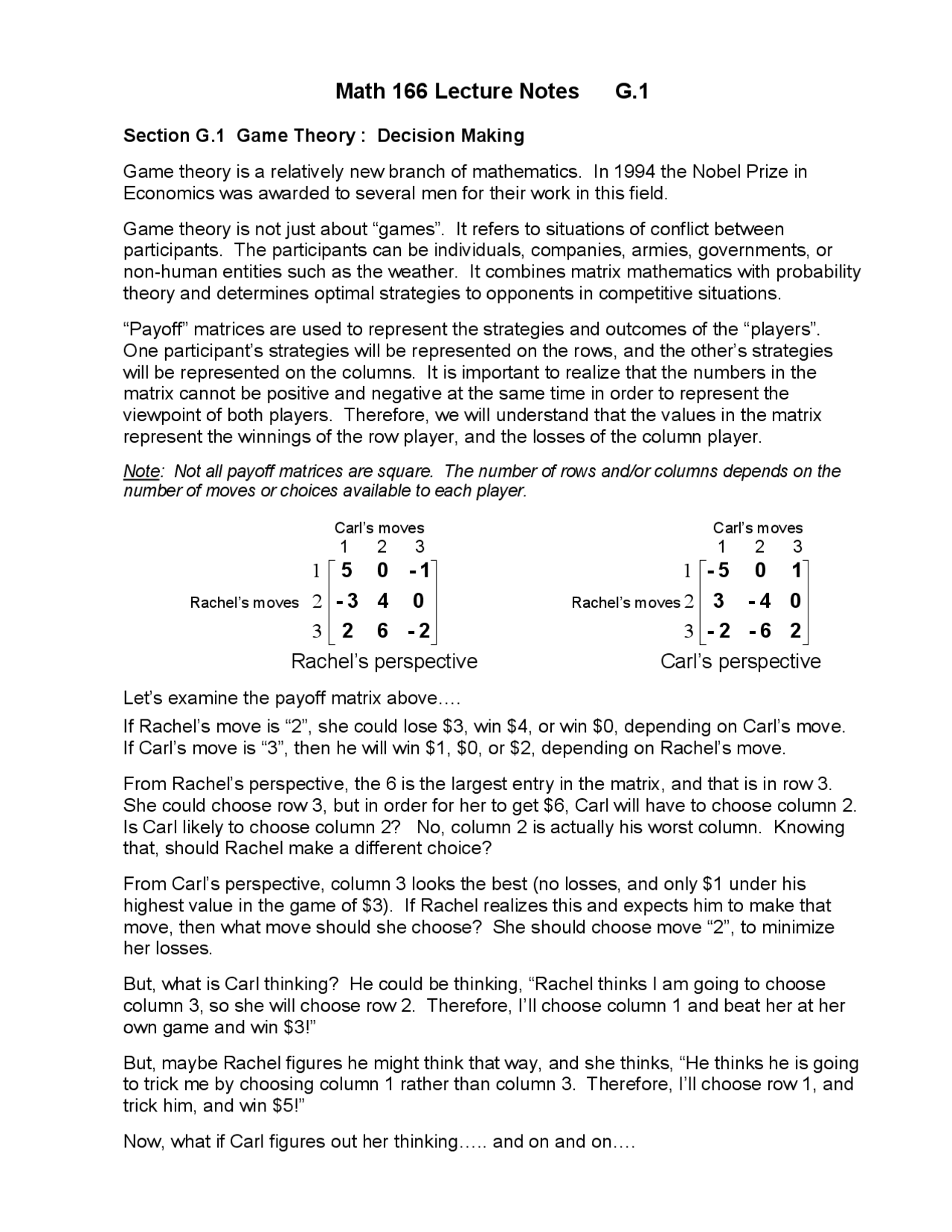 Notes On Game Theory Decision Making Math 166 Docsity