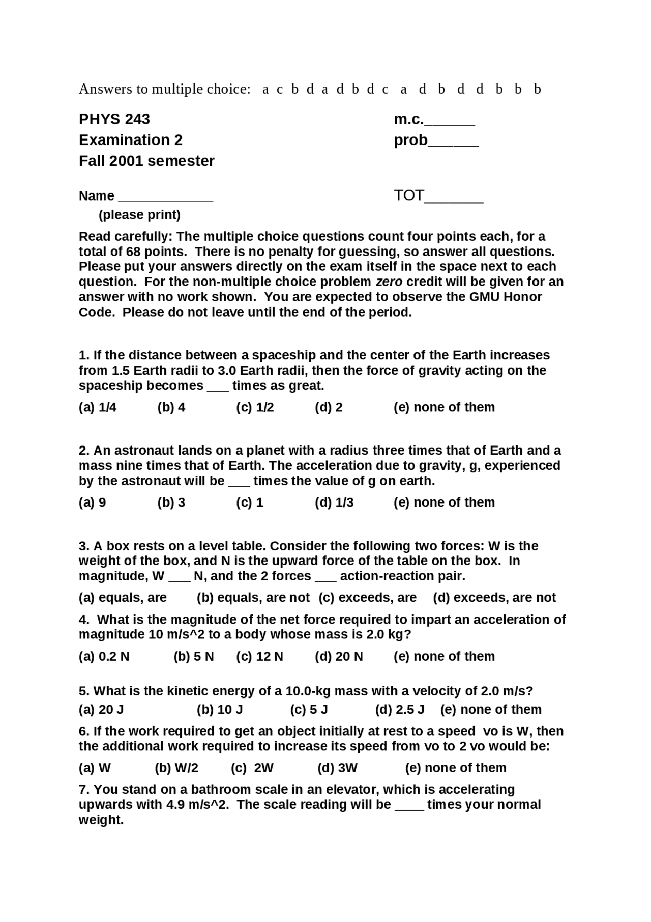Examination 2 With Problems College Physics I Phys 243 Docsity