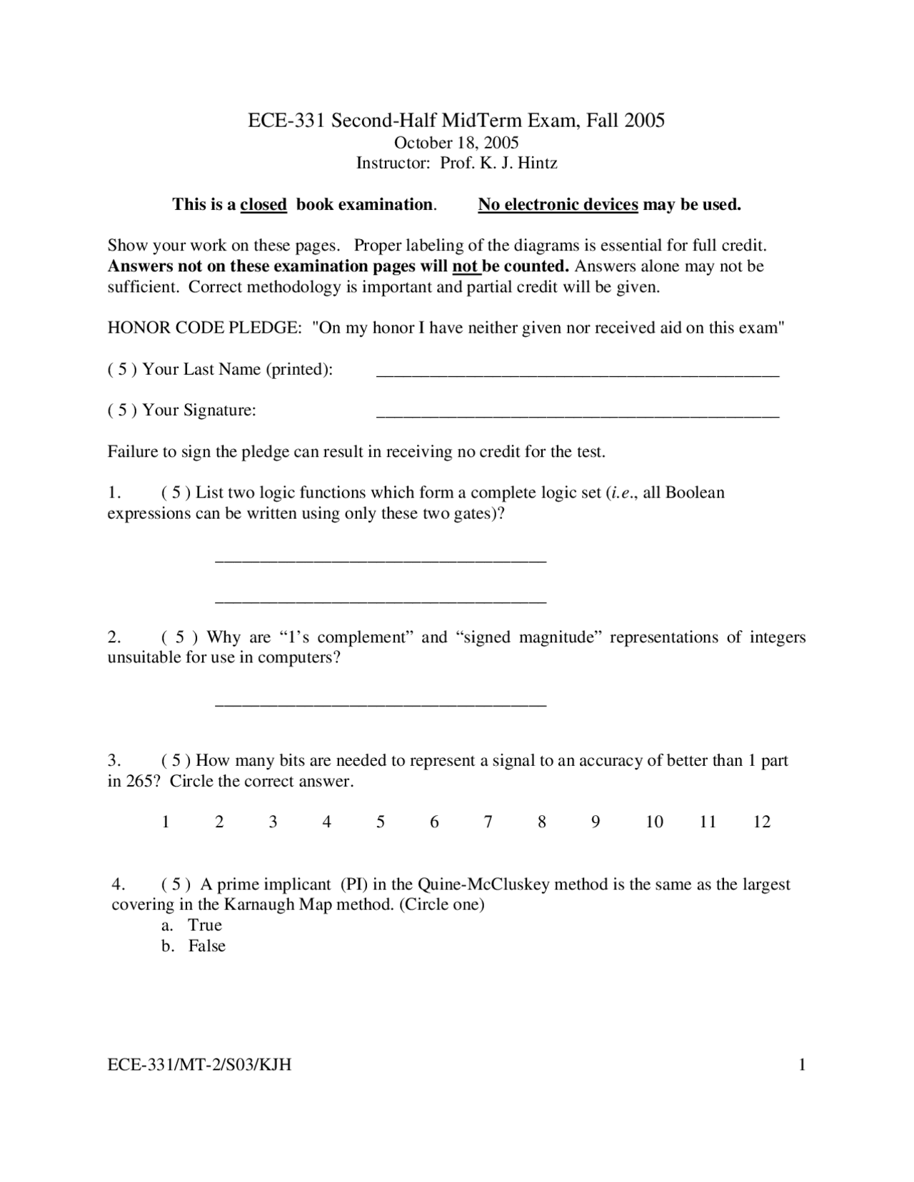 Digital System Design Midterm Exam 2005 Ece 331 Docsity
