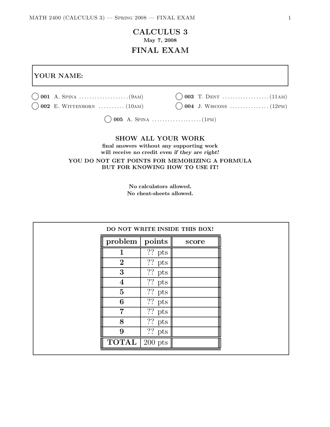 Final Exam - Analytic Geometry and Calculus 3 - Fall 2008 | MATH 2400 ...