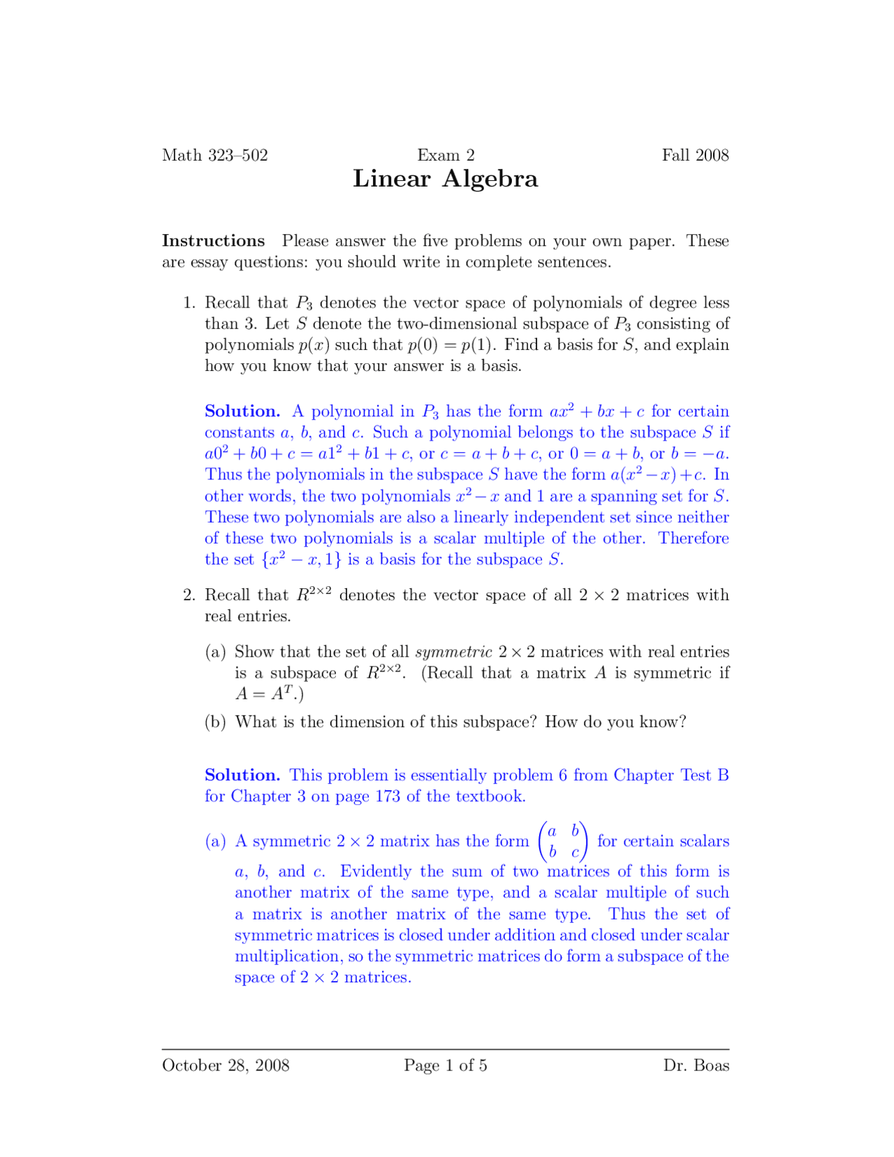 Linear Algebra Exam 2 Solutions: Subspaces, Bases, and Transformations - Prof. Harold Boas ...