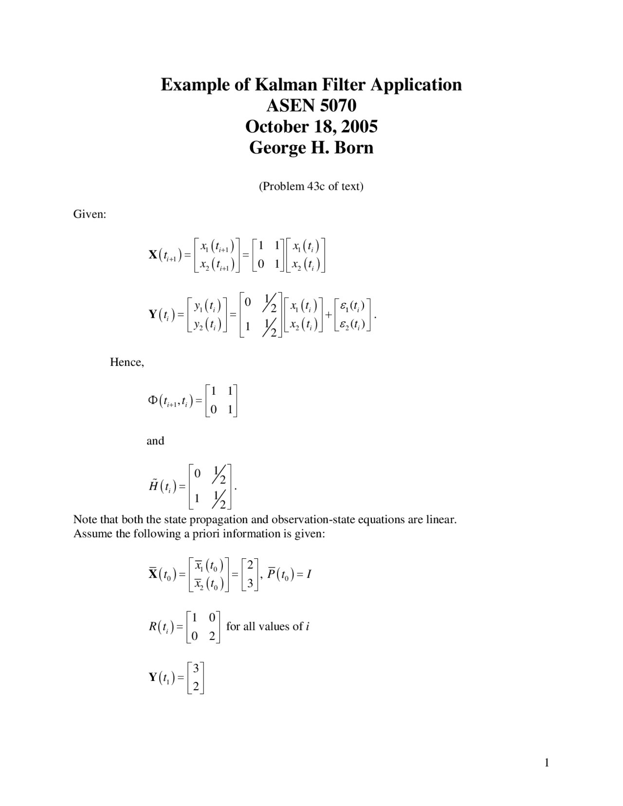 Example of Kalman Filter Application - Fall 2005 | ASEN 5070 - Docsity